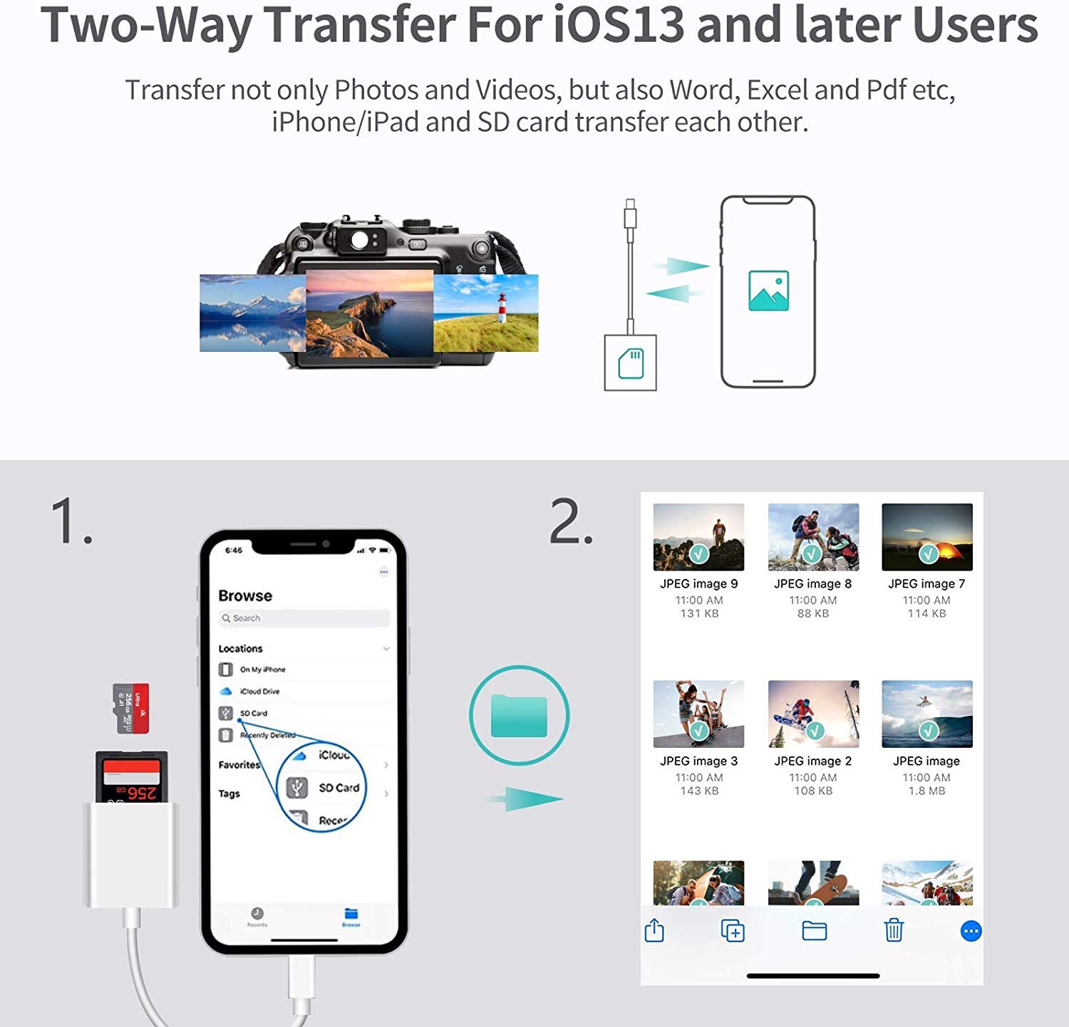 [Apple MFi Certified] Lightning to SD/Micro Card Reader for iPhone/iPad, 3 in 1 Memory Card Reader Adapter with Charging Port, Trail Game Camera SD Card Reader Viewer, No App Required Plug and Play