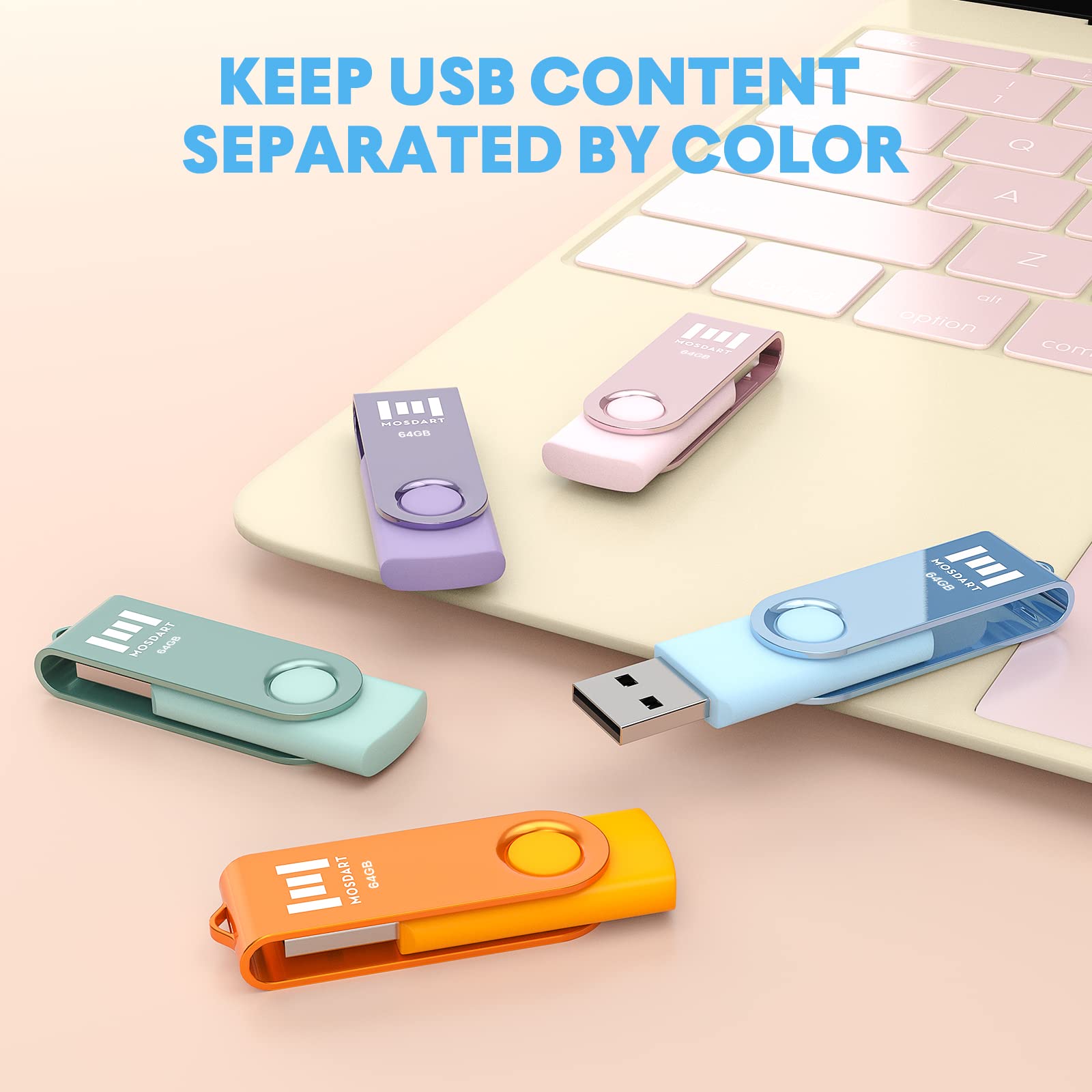 MOSDART 64GB USB2.0 Flash Drive, with Keychain Loop, Swivel Design with LED Light, exFAT Memory Stick for Computers, System Backup, Data Storage, Pastel Color(Pack of 5)