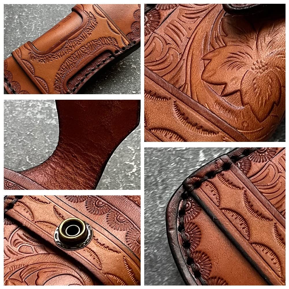 MiOYOOW 4.7" Pocket Knife Pouch, Carved Folding Knife Holster Horizontal/Vertical Leather Knife Holder for Camping Hunting Jungle Exploration