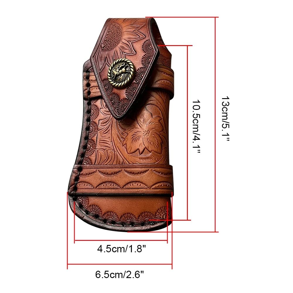 MiOYOOW 4.7" Pocket Knife Pouch, Carved Folding Knife Holster Horizontal/Vertical Leather Knife Holder for Camping Hunting Jungle Exploration