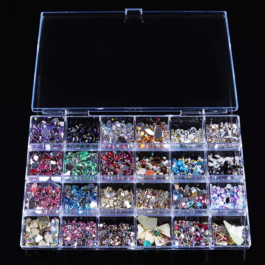 Kemaily 24 Slots Empty Clear Nail Art Decoration Storage Box Nail Glitter Rhinestone Crystal Accessories Container Storage Box