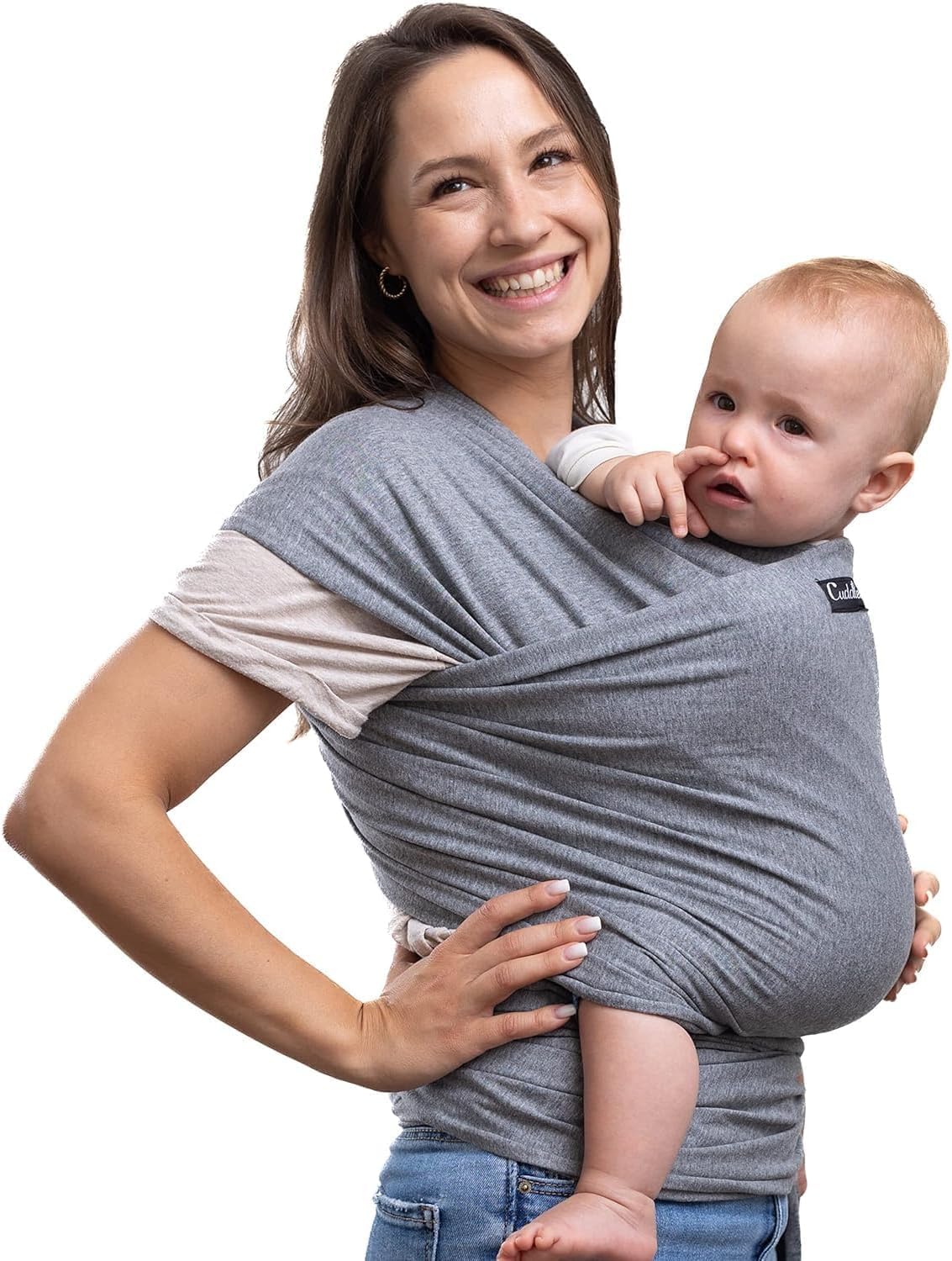 CuddleBug Baby Wrap Sling + Carrier - Newborns & Toddlers up to 36 lbs - Hands Free - Gentle, Stretch Fabric - Ideal for Baby Showers - One Size Fits All (Grey)