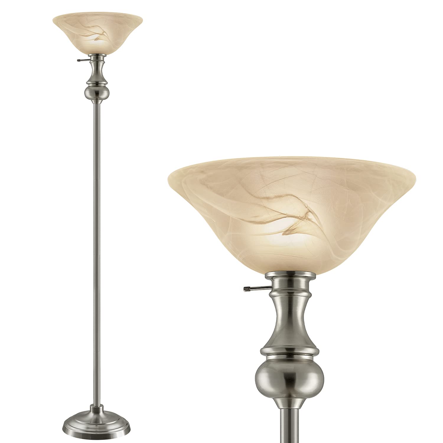 Oneach Modern Shirley Torchiere Floor Lamp for Living Room 150-Watt 71.5-Inch Floor Light with Frosted Glass Shade for Bedroom Silver