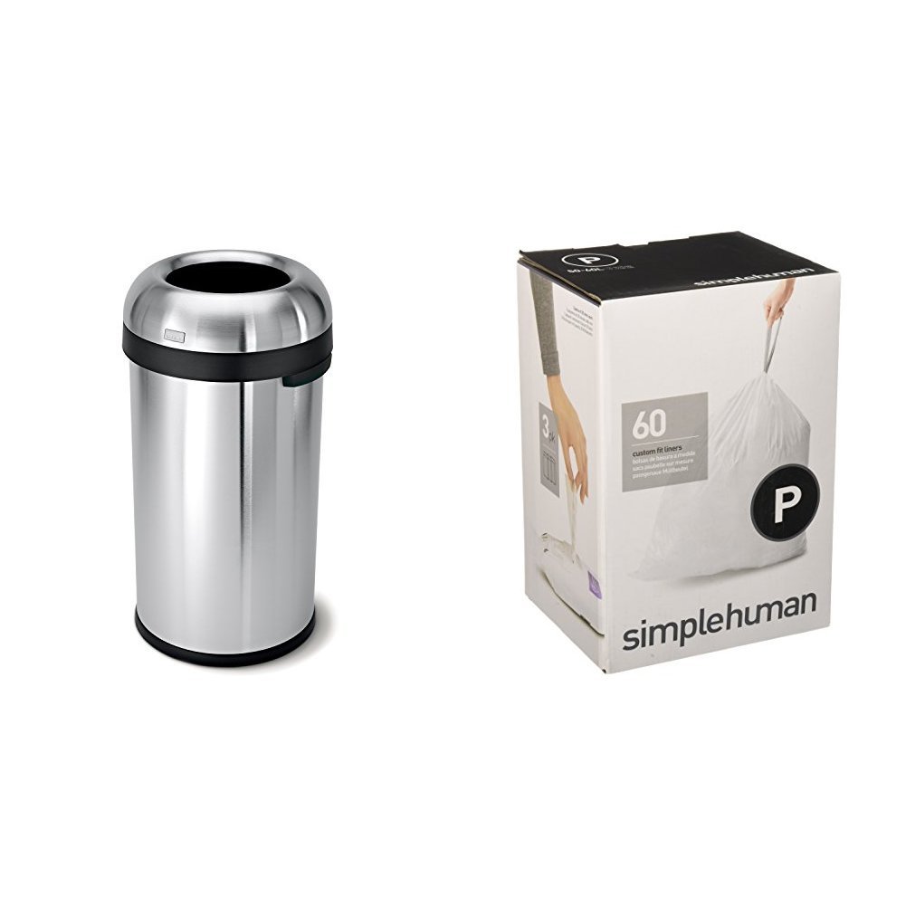 simplehuman 60 litre bullet open can heavy-gauge brushed stainless steel + code P 60 pack liners