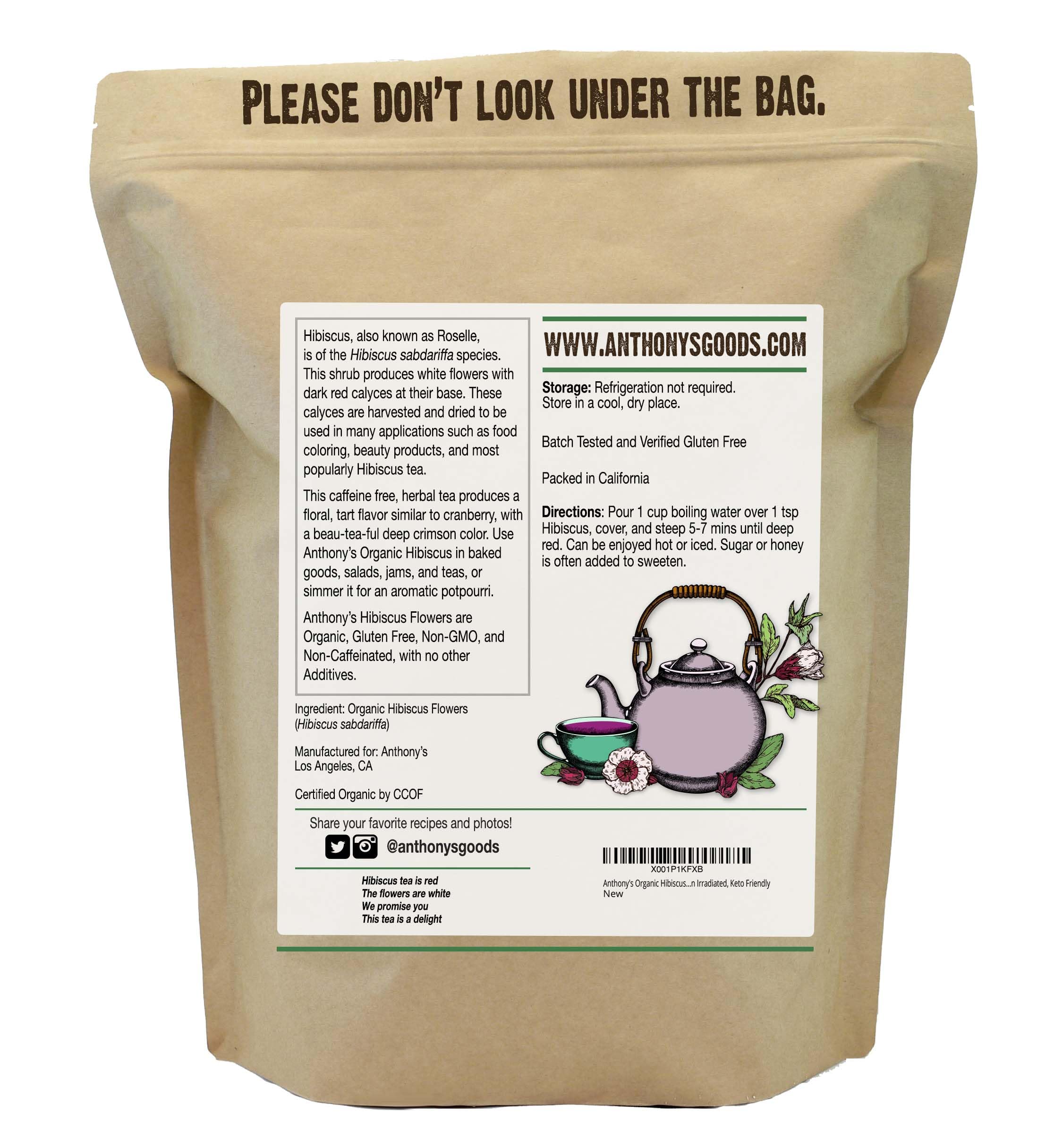 Anthony's Organic Hibiscus Flowers, 1 lb, Cut & Sifted, Gluten Free, Non GMO, Non Irradiated, Keto Friendly