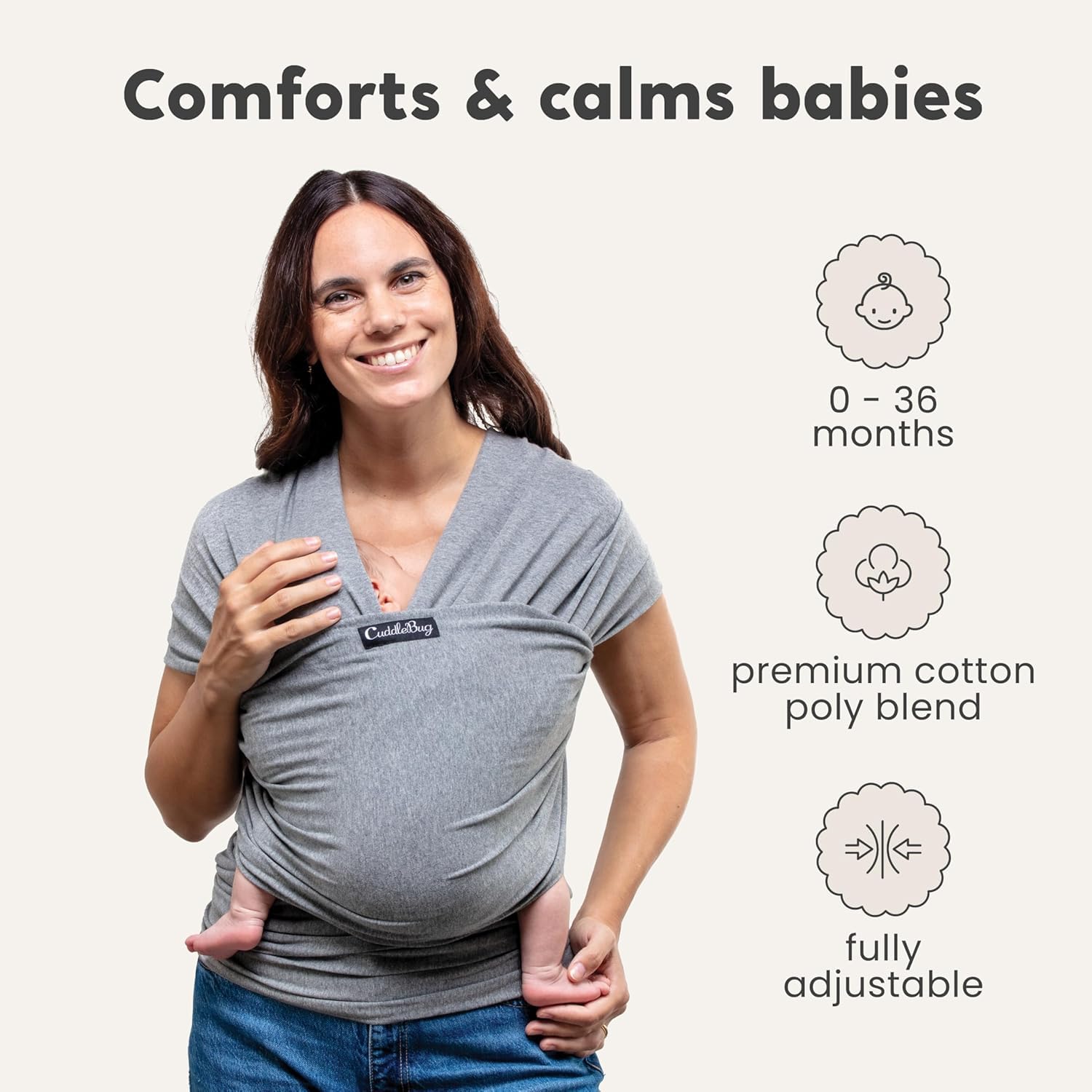 CuddleBug Baby Wrap Sling + Carrier - Newborns & Toddlers up to 36 lbs - Hands Free - Gentle, Stretch Fabric - Ideal for Baby Showers - One Size Fits All (Grey)