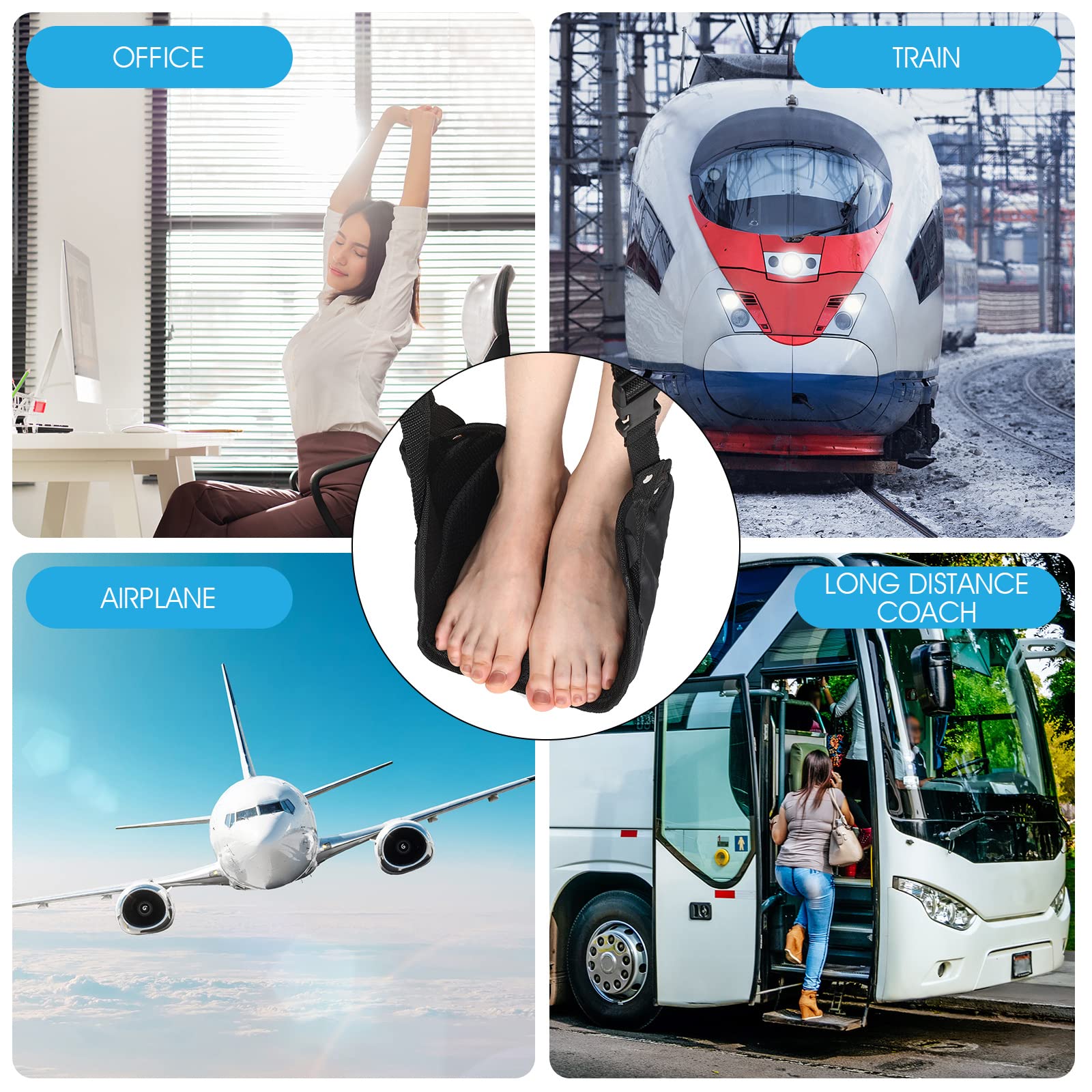 4 Pcs Portable Travel Footrest Airplane Footrests Hammock Carry On Airplane Foot Leg Rest Adjustable Height Sling Memory Foam Hammock Travel Accessories, Black