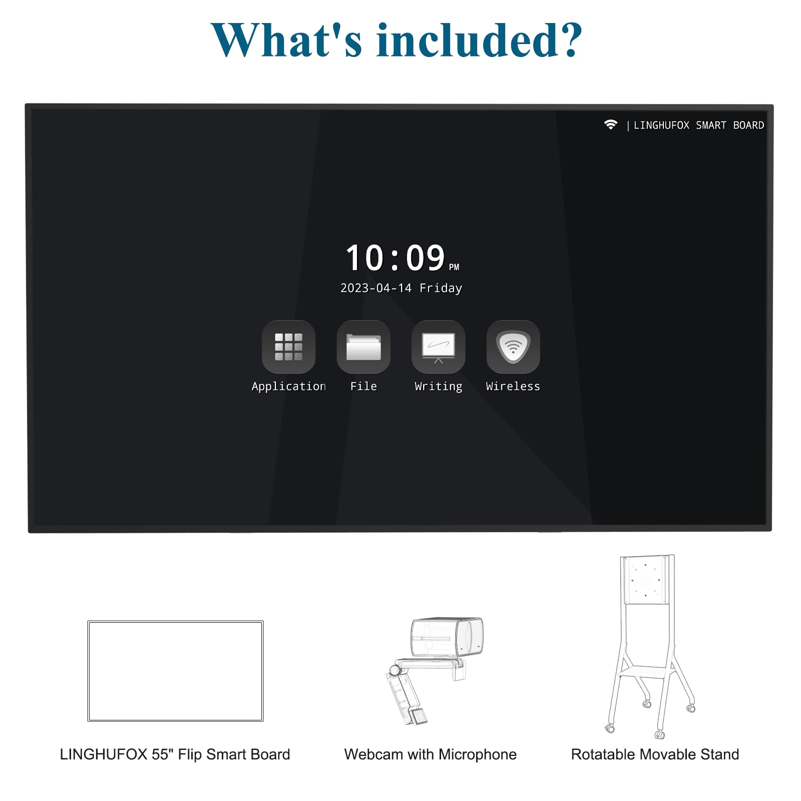 55In Flip Interactive Whiteboard, LINGHUFOX Rotating Adaptive Capacitive Electronic Whiteboard,4K Touch Screen Display Smart Board for Classroom (Board+Stand+Camera)