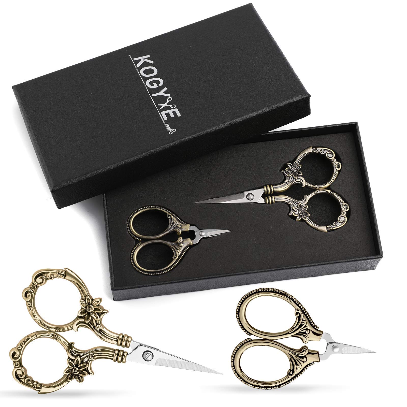 2 Pair Embroidery Scissors, Classic Daisy Design Scissors Sharp Tip Stainless Steel, Vintage Sewing Scissors DIY Tools Dressmaker Small Scissor for Fabric, Embroidery, Craft, Needlework (Bronze)