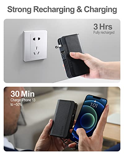 Luxtude Portable Phone Charger Built-in Wall Plug, 10000mAh Power Bank with Cables【iPhone Lightning & USB C & Micro】, Travel Fast Charge External Battery Pack for iPhone, iPad, Android, Samsung etc.