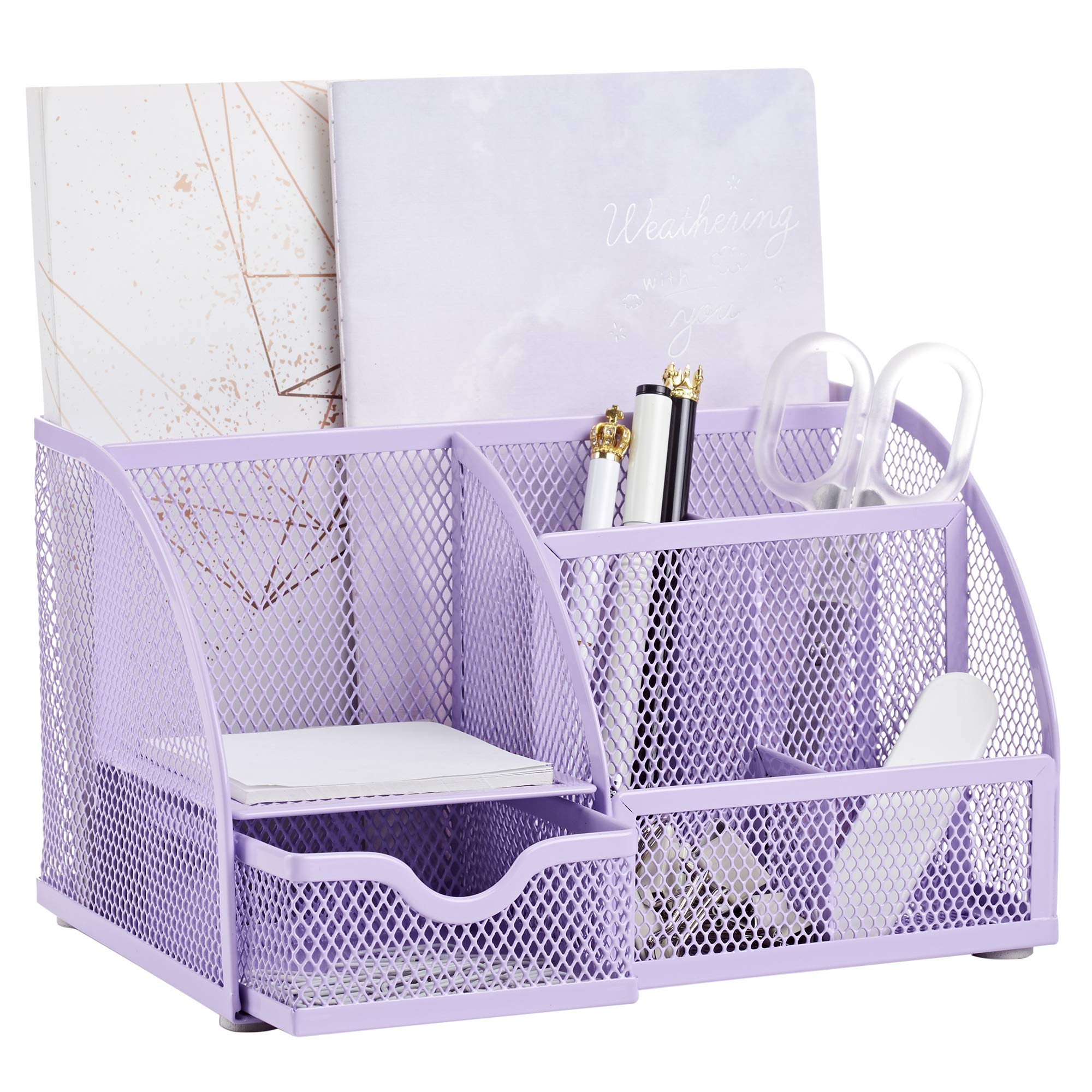 Annova Mesh Desk Organizer Office with 7 Compartments + Drawer/Desk Tidy Candy/Pen Holder/Multifunctional Organizer - Light Purple / Lavender