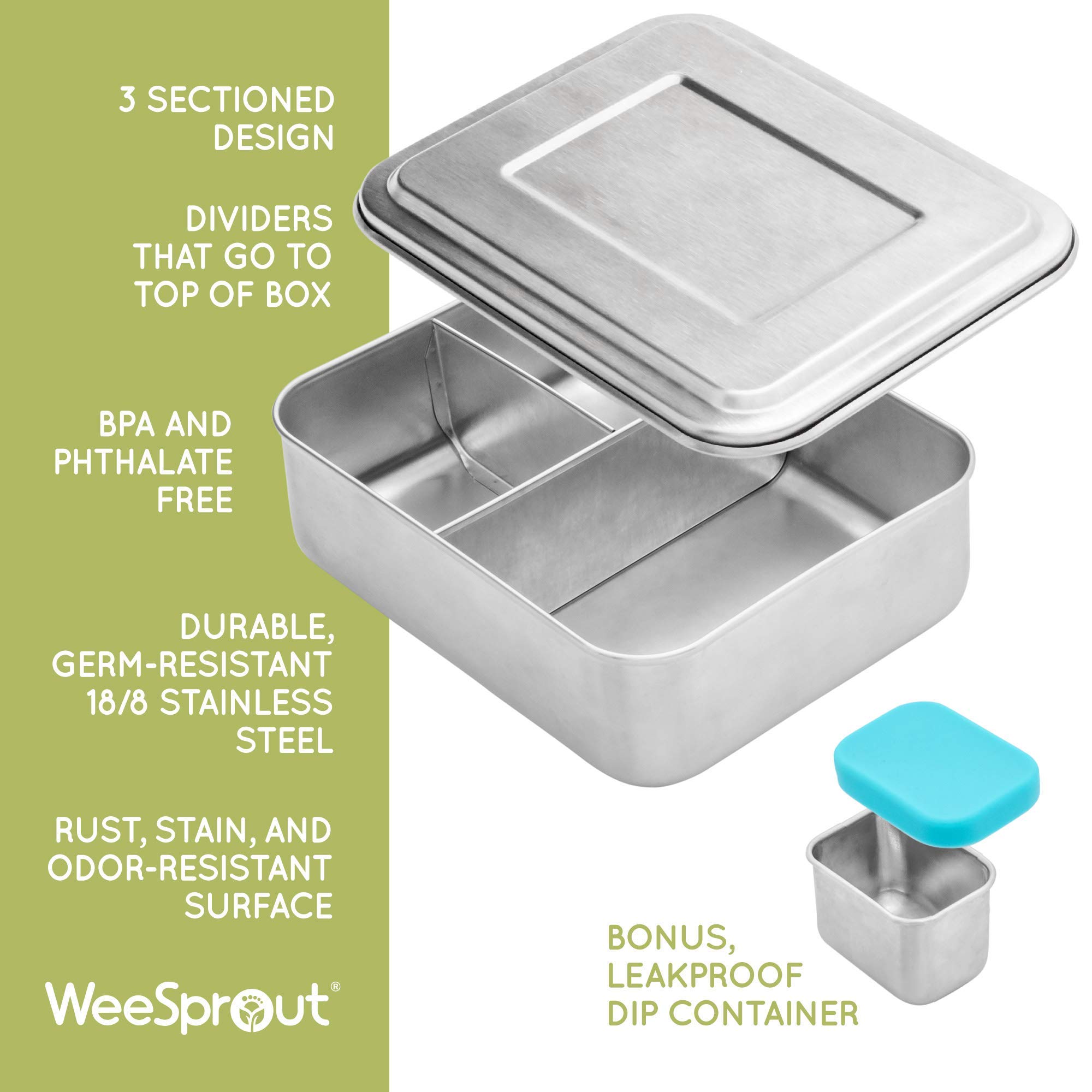 WeeSprout 18/8 Stainless Steel Bento Box (Large) - 3 Compartment Metal Lunch Box, Skid-proof Silicone, for Kids & Adults, Bonus Dip Container, Fits in Lunch & Work Bags, Dishwasher & Freezer Friendly