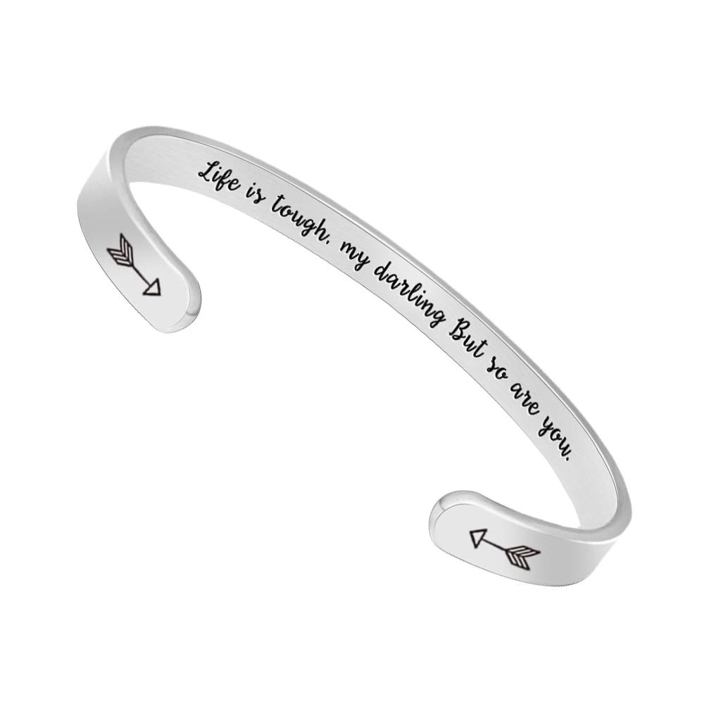 Btysun Inspirational Bracelets for Women Birthday Gifts for Her Motivational Cuff Bangle Silver Couple Bracelet Friend Friendship Mantra Quotes Jewelry(Life is Tough,My Darling ...)