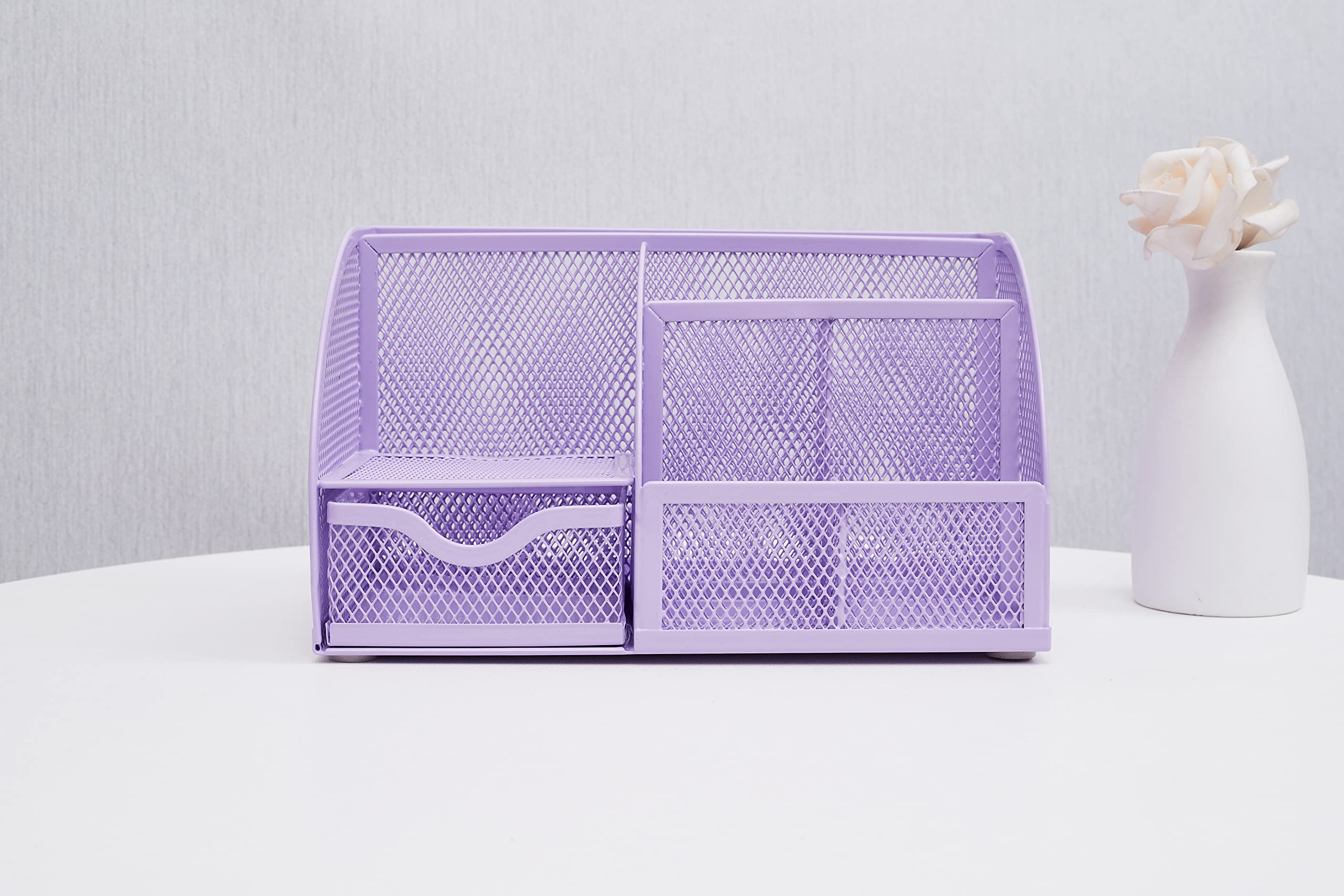 Annova Mesh Desk Organizer Office with 7 Compartments + Drawer/Desk Tidy Candy/Pen Holder/Multifunctional Organizer - Light Purple / Lavender