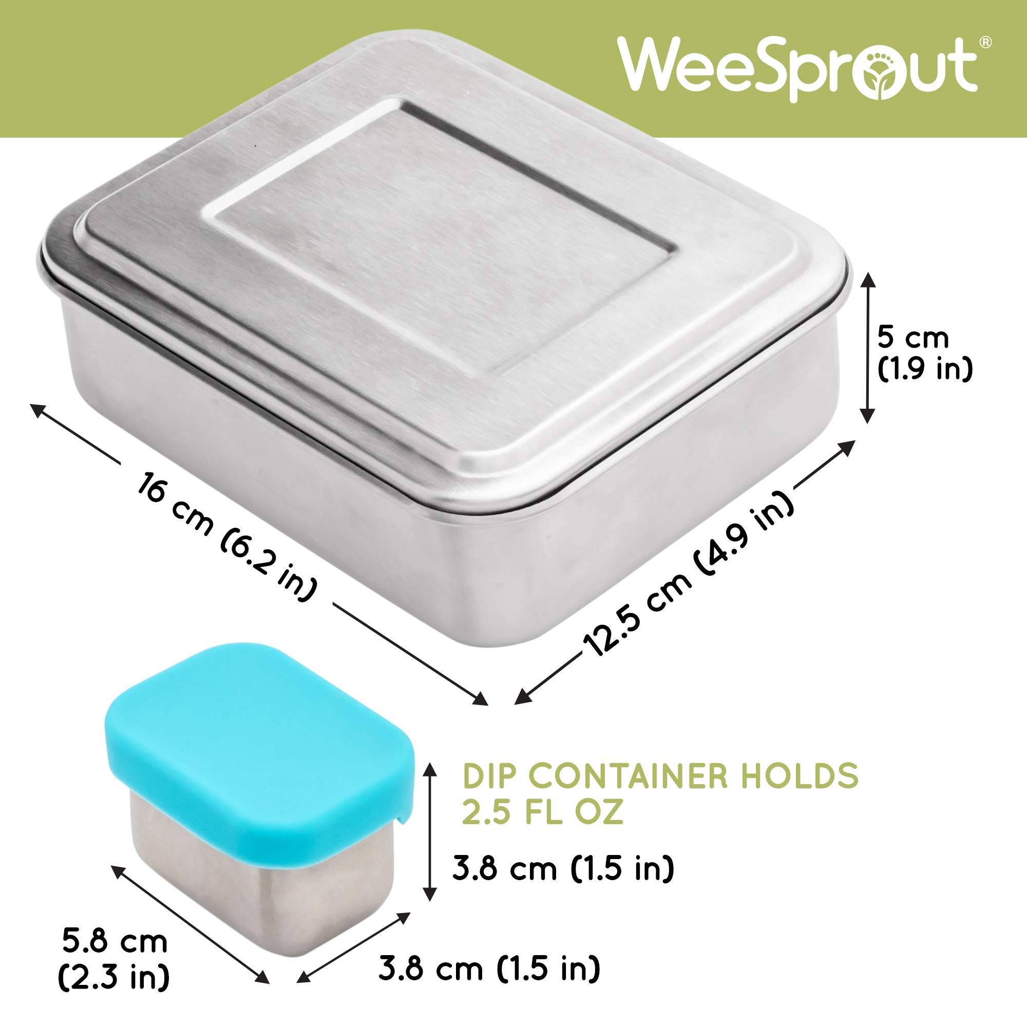 WeeSprout 18/8 Stainless Steel Bento Box (Large) - 3 Compartment Metal Lunch Box, Skid-proof Silicone, for Kids & Adults, Bonus Dip Container, Fits in Lunch & Work Bags, Dishwasher & Freezer Friendly