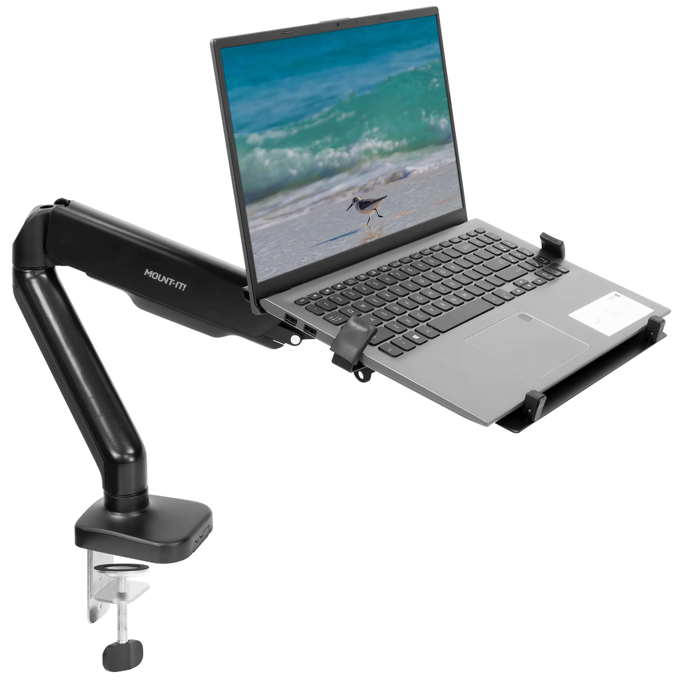 Mount-It! Laptop Desk Arm | Swivel Laptop Stand with Gas Spring Arm | Height Adjustable Laptop Arm Mount for MacBook, Dell, HP & 11-17 Inch Laptops