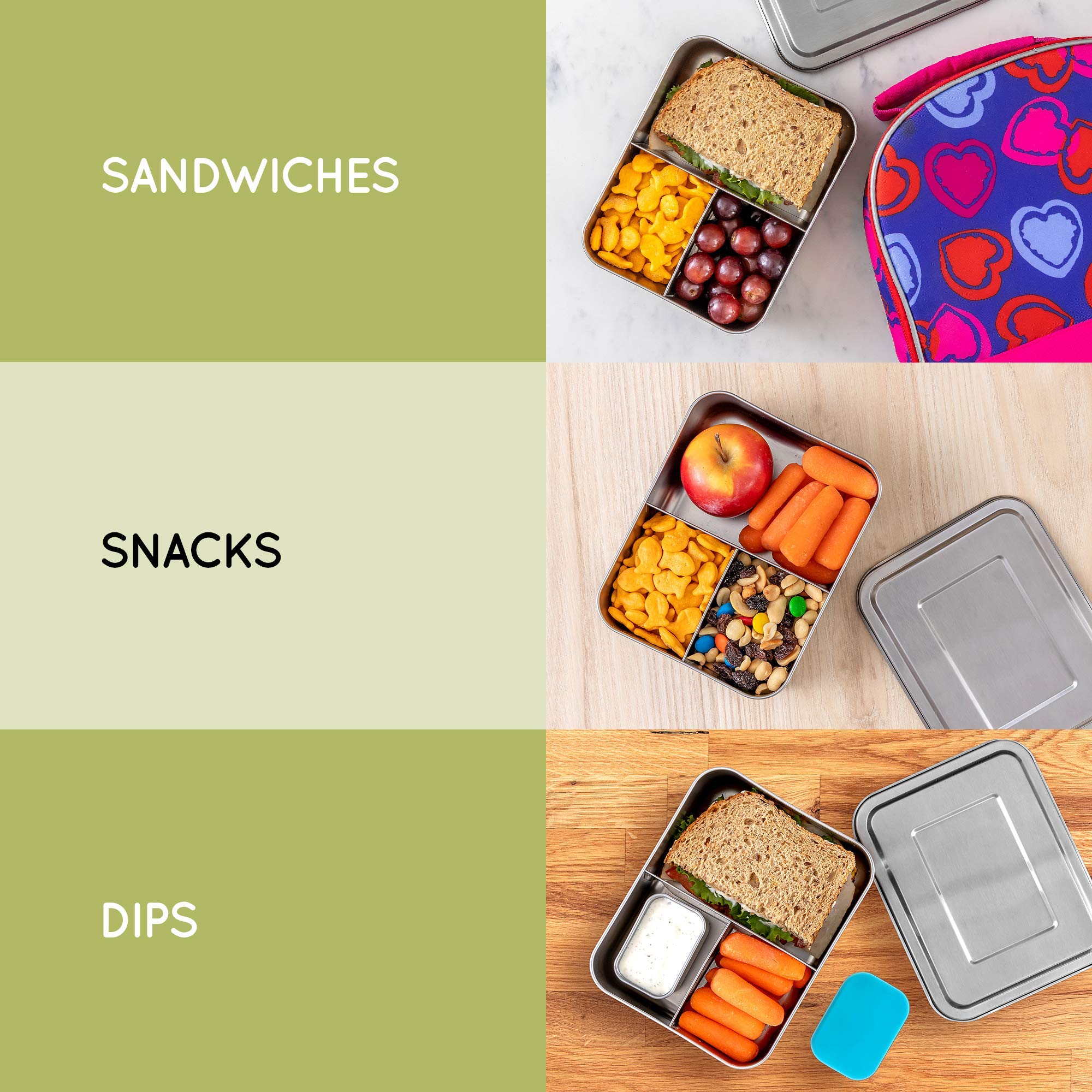 WeeSprout 18/8 Stainless Steel Bento Box (Large) - 3 Compartment Metal Lunch Box, Skid-proof Silicone, for Kids & Adults, Bonus Dip Container, Fits in Lunch & Work Bags, Dishwasher & Freezer Friendly