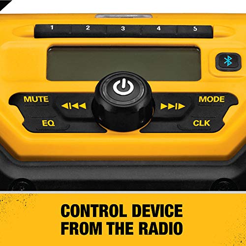 DEWALT 20V MAX Bluetooth Radio, 100 ft Range, Battery and AC Power Cord Included, Portable for Jobsites (DCR025)