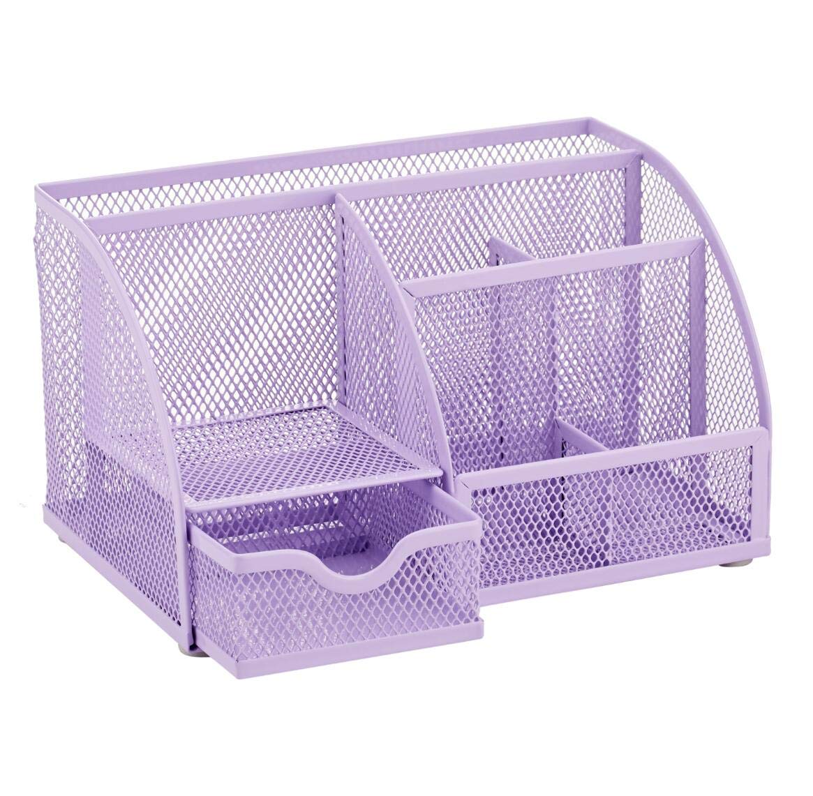 Annova Mesh Desk Organizer Office with 7 Compartments + Drawer/Desk Tidy Candy/Pen Holder/Multifunctional Organizer - Light Purple / Lavender