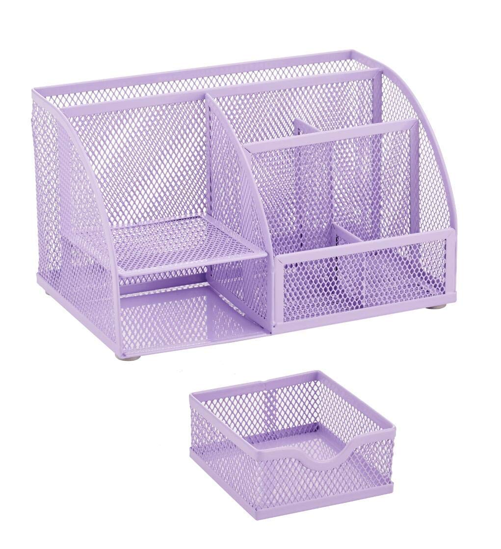 Annova Mesh Desk Organizer Office with 7 Compartments + Drawer/Desk Tidy Candy/Pen Holder/Multifunctional Organizer - Light Purple / Lavender