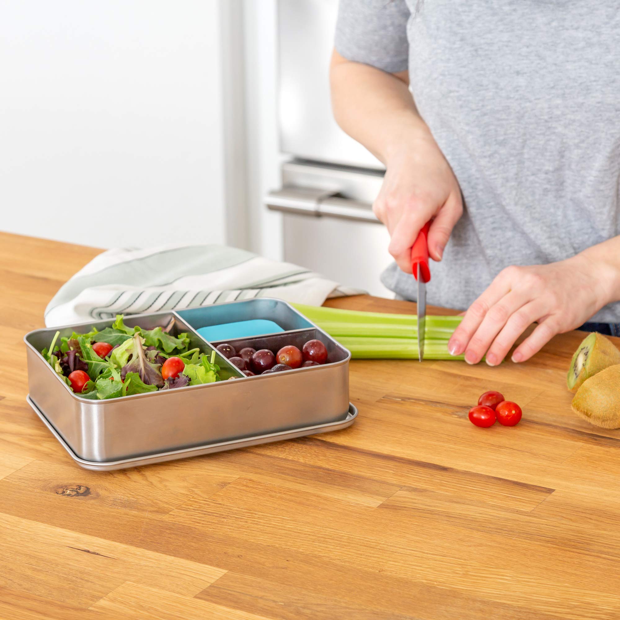 WeeSprout 18/8 Stainless Steel Bento Box (Large) - 3 Compartment Metal Lunch Box, Skid-proof Silicone, for Kids & Adults, Bonus Dip Container, Fits in Lunch & Work Bags, Dishwasher & Freezer Friendly