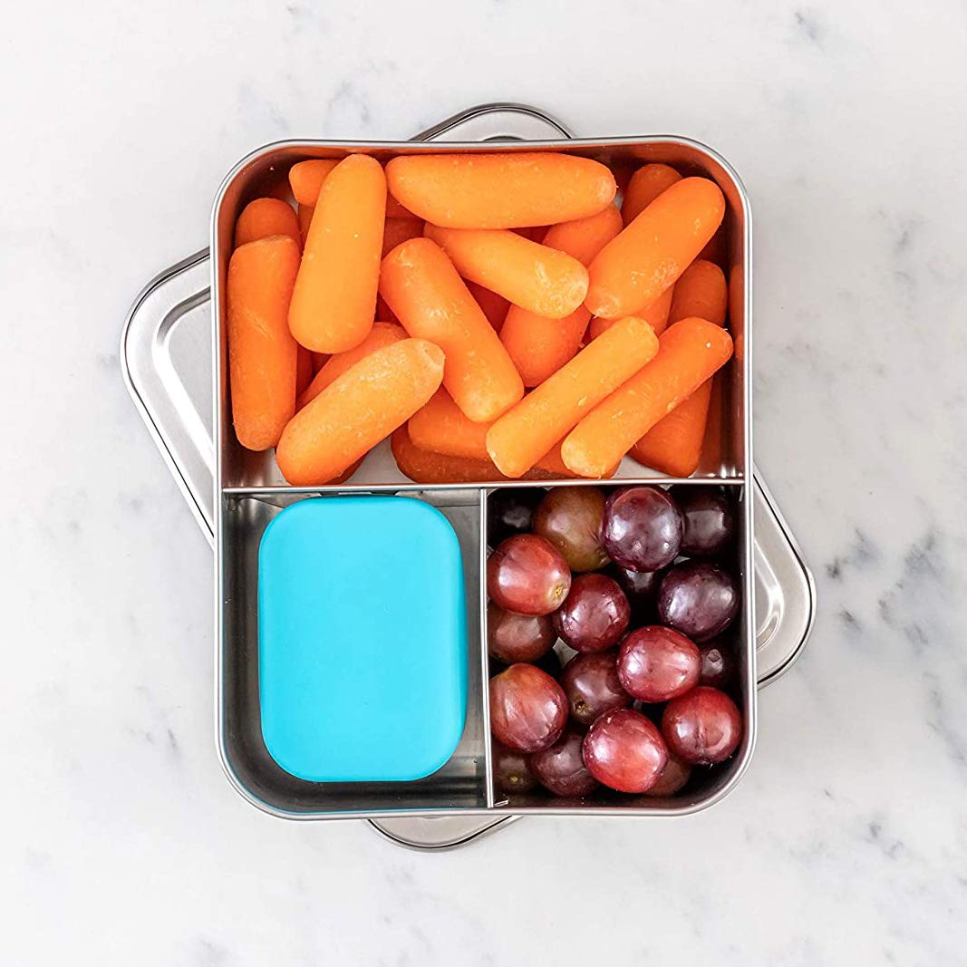 WeeSprout 18/8 Stainless Steel Bento Box (Large) - 3 Compartment Metal Lunch Box, Skid-proof Silicone, for Kids & Adults, Bonus Dip Container, Fits in Lunch & Work Bags, Dishwasher & Freezer Friendly