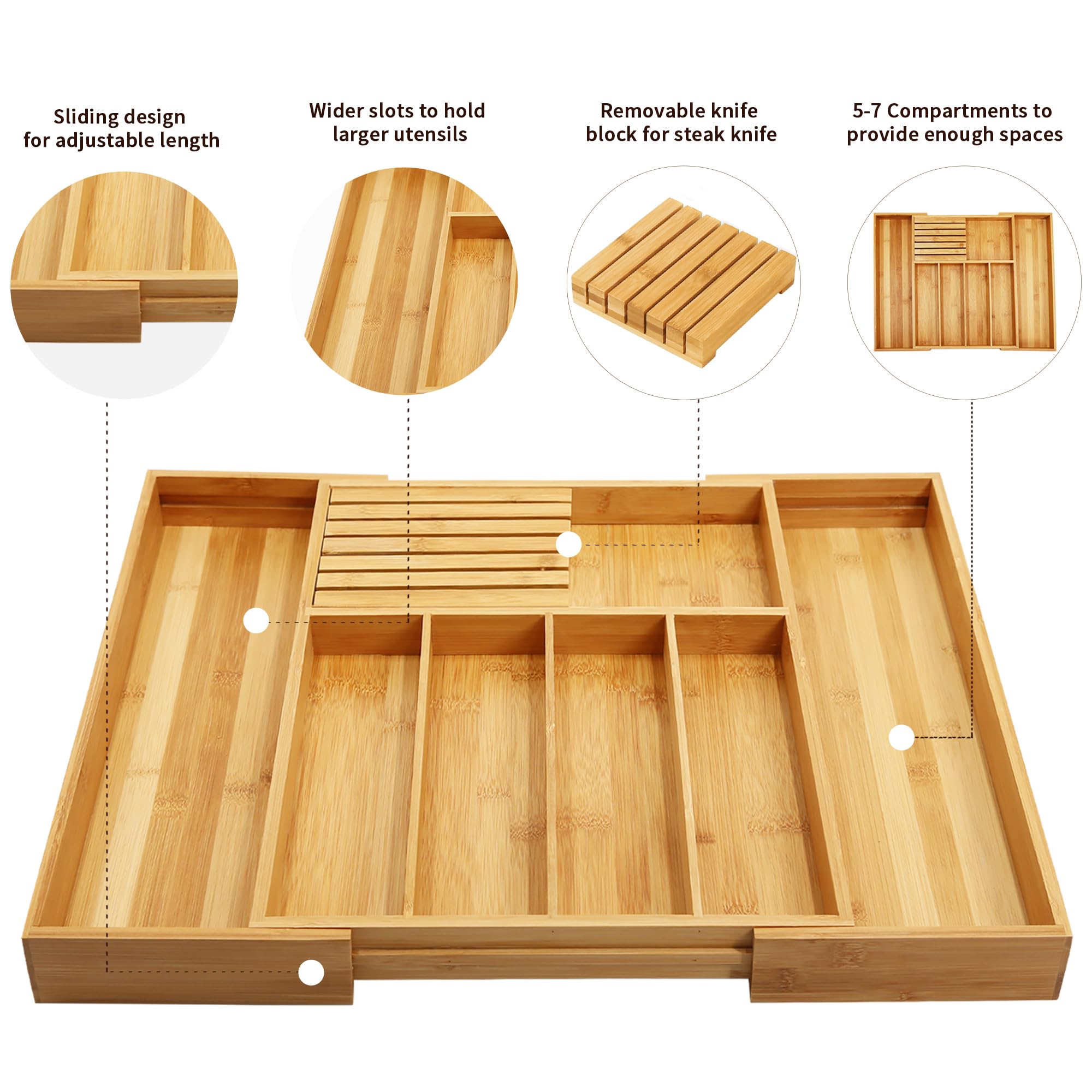 Bamboo Silverware Tray for Drawer, Expandable Utensils Drawer Organizer, Cutlery Dividers, 5-7 Compartments