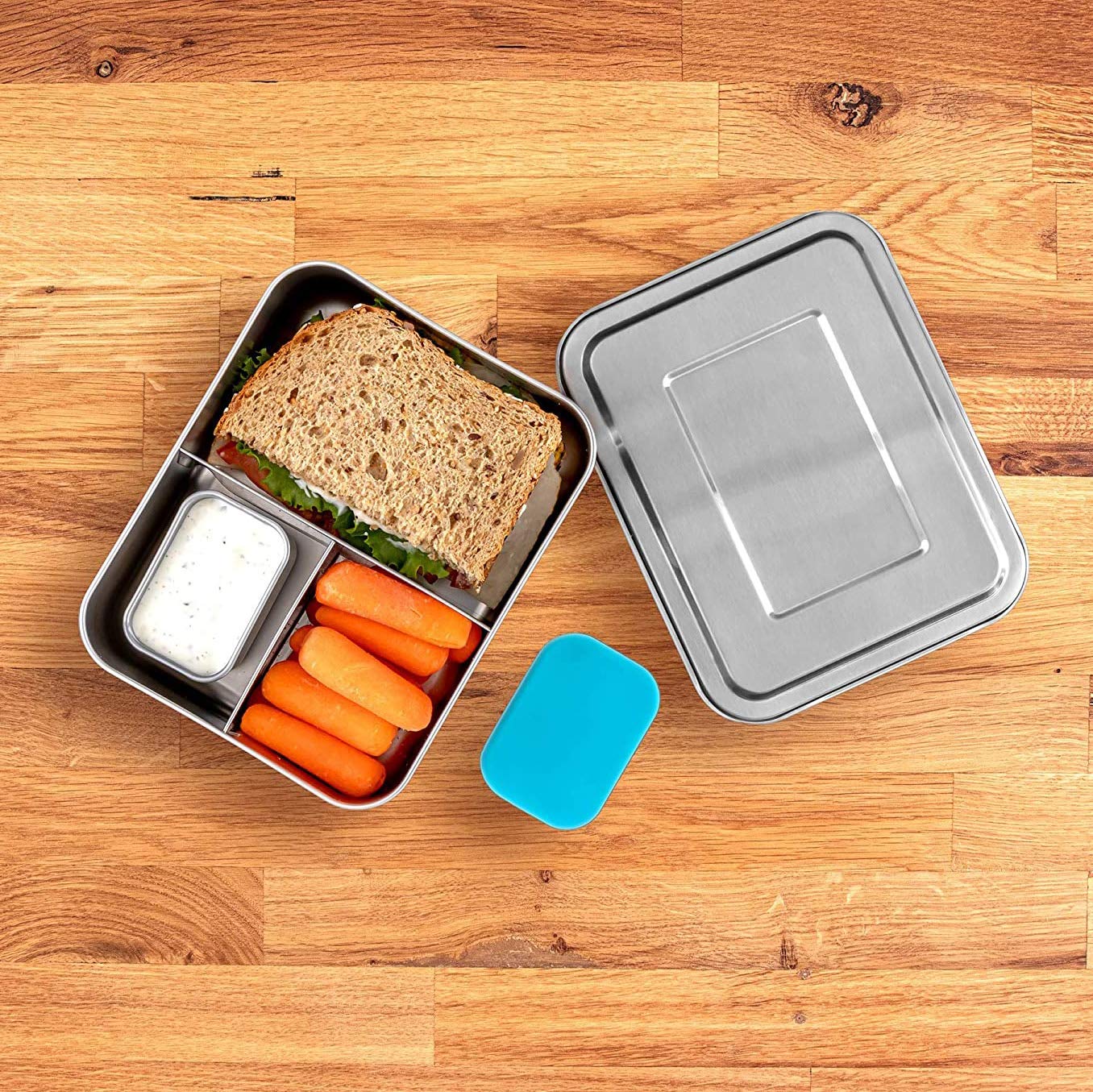 WeeSprout 18/8 Stainless Steel Bento Box (Large) - 3 Compartment Metal Lunch Box, Skid-proof Silicone, for Kids & Adults, Bonus Dip Container, Fits in Lunch & Work Bags, Dishwasher & Freezer Friendly