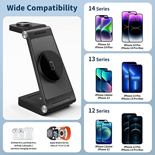 GEJIUCAI Magnetic Wireless Charger, 3 in 1 Fast Wireless Charging Station for Multiple Devices, for iPhone 14/Pro/Max/Plus/13/12, Apple Watch Ultra 8/7/6/5/4/3/2, AirPods 3/Pro/Pro2