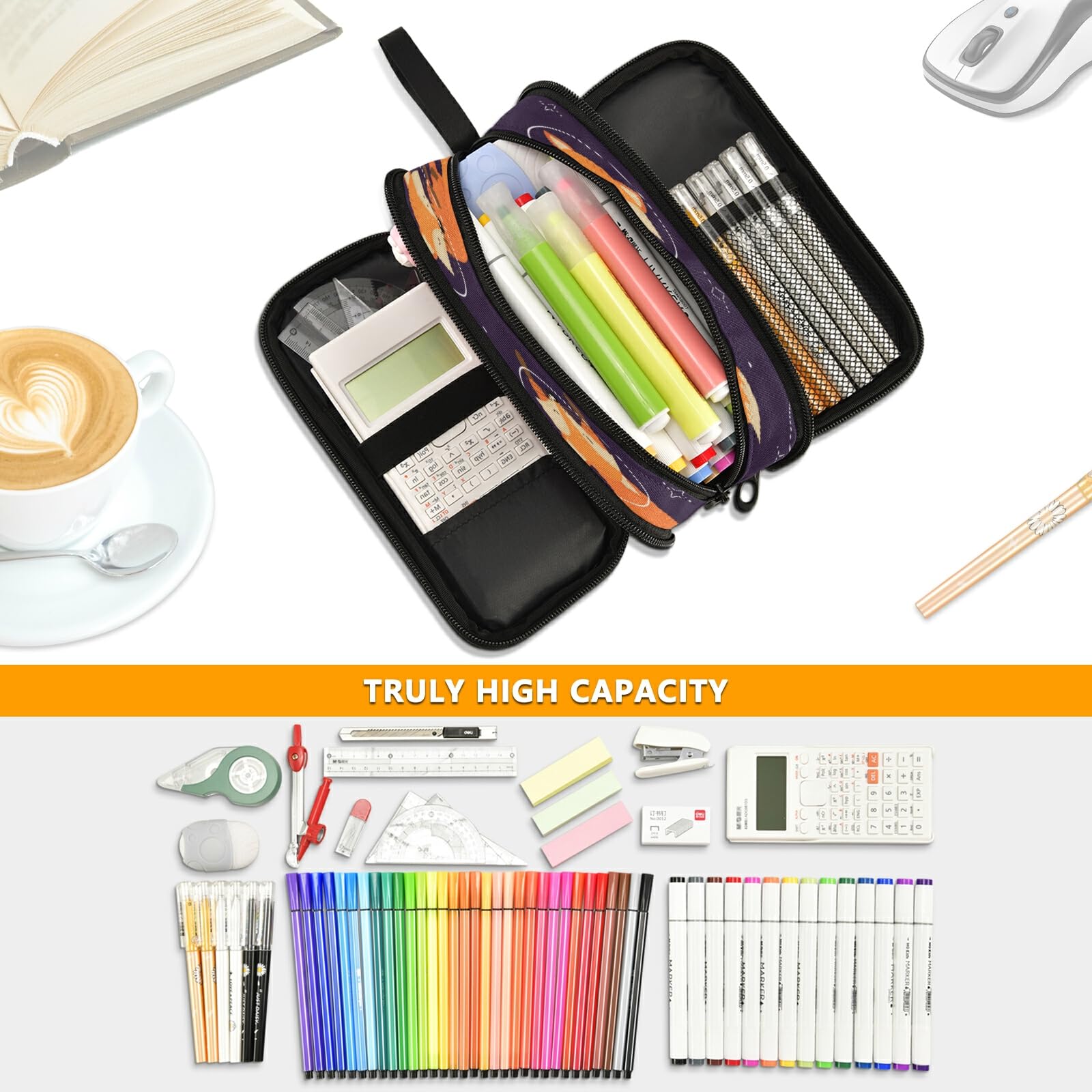 Fox Space Pencil Case 3 Compartment Pen Bag Pouch Holder Box for Office College School Portable Storage Bag for Kids
