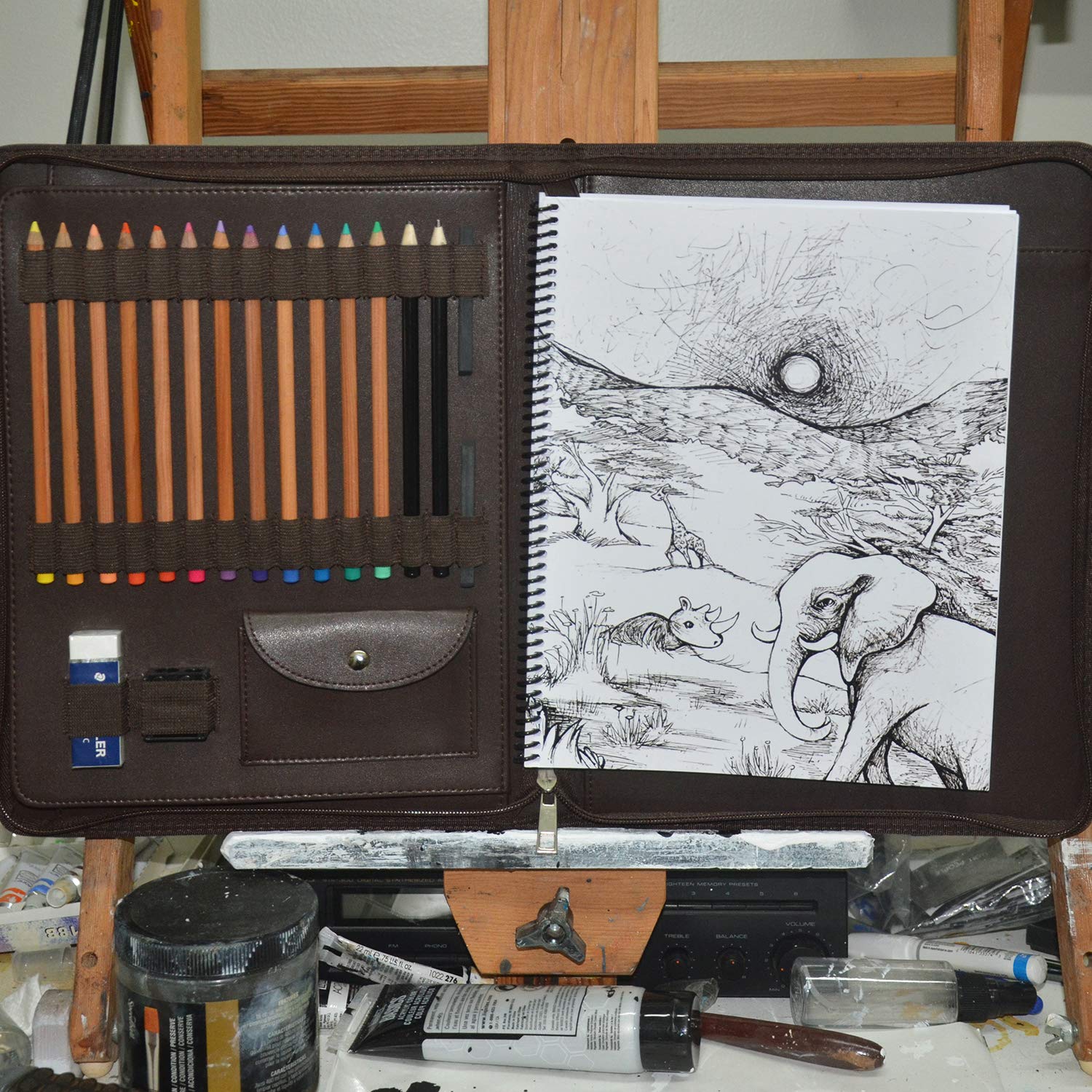 Canvas and Vegan Leather Artist Padfolio by Metier Life | Art Portfolio Organizer and Drawing Pad | Card and Art Material Storage with Included Sketch Book |