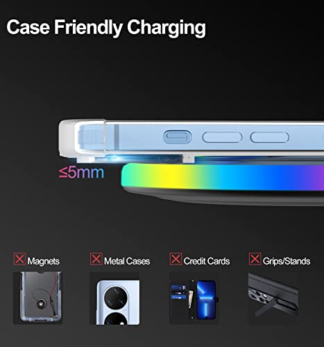 Wireless Charger Pad, 15W Max Fast RGB Wireless Charging Pad Compatible iPhone 14/14 Plus/14 Pro/14 Pro Max/13/13 Mini/SE 2022/12/11/X/8,Samsung Galaxy S22/S21/S20,AirPods 3 2 Pro(No AC Adapter) Black