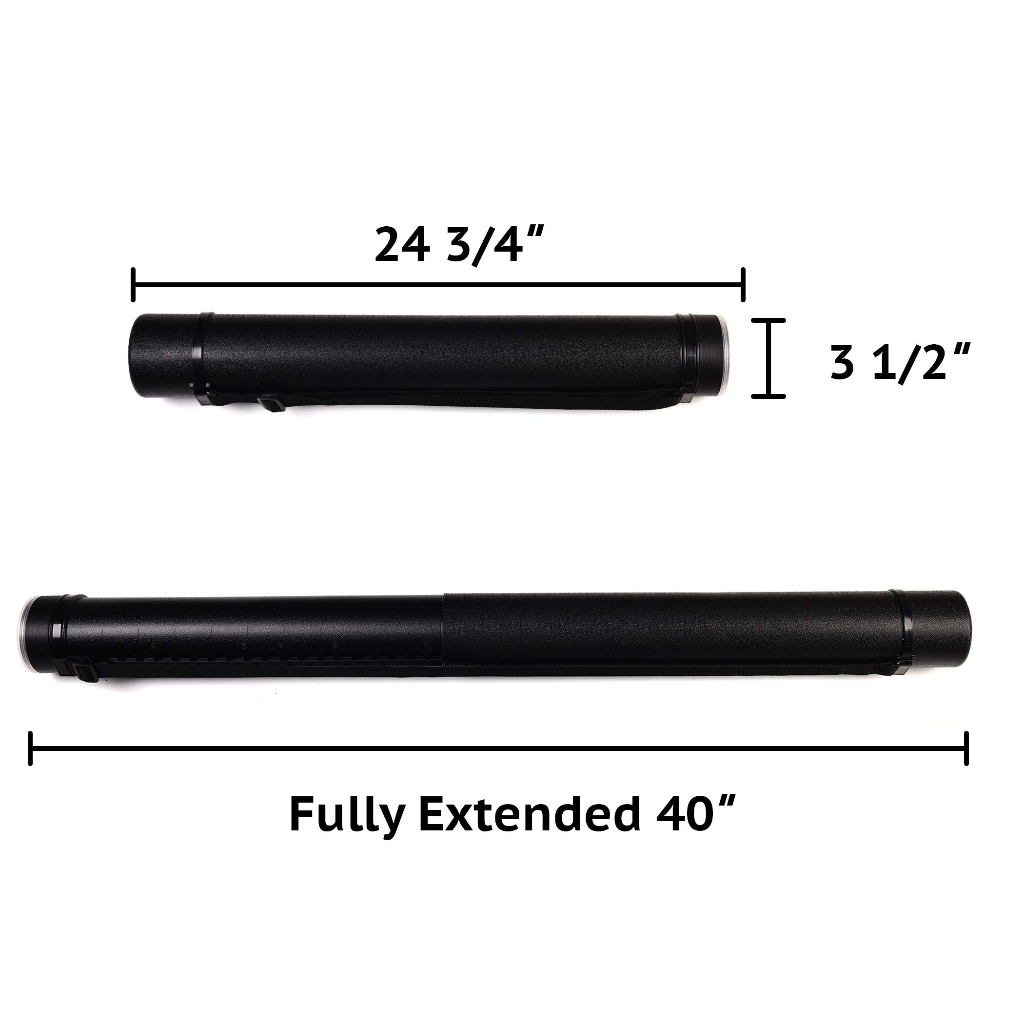 2-Pack Extendable Poster Tubes Expand from 24.5” to 40” with Shoulder Strap | Carry Documents, Blueprints, Drawings and Art | Black Portable Durable Round Storage Cases with Lids and Labels