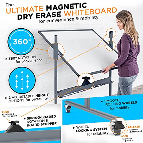 Zenguin Mobile Whiteboard β Easel Style Dry Erase Board w Locking Wheels - Double Sided Magnetic Easel Board - Adjustable Height Rolling Whiteboard - Portable Whiteboard w Accessories (48x36, Gray)