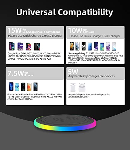 Wireless Charger Pad, 15W Max Fast RGB Wireless Charging Pad Compatible iPhone 14/14 Plus/14 Pro/14 Pro Max/13/13 Mini/SE 2022/12/11/X/8,Samsung Galaxy S22/S21/S20,AirPods 3 2 Pro(No AC Adapter) Black
