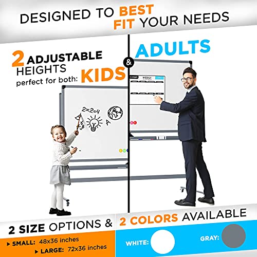 Zenguin Mobile Whiteboard β Easel Style Dry Erase Board w Locking Wheels - Double Sided Magnetic Easel Board - Adjustable Height Rolling Whiteboard - Portable Whiteboard w Accessories (48x36, Gray)
