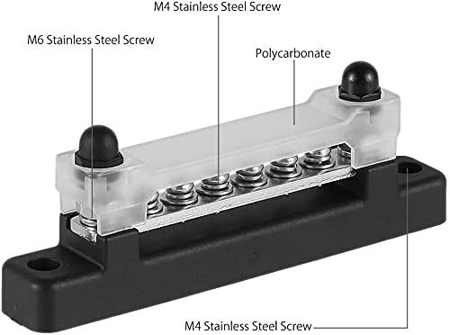 6 Terminal Bus Bar Kit - 150 A BusBar Block, Ground Distribution, 6 Post Power Distribution Terminal Block w/ 6 M4 Screws + 2 Studs Set, for Caravan Car Boat Marine Caravan RV
