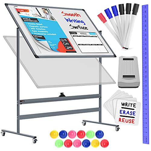 Zenguin Mobile Whiteboard – Easel Style Dry Erase Board w Locking Wheels - Double Sided Magnetic Easel Board - Adjustable Height Rolling Whiteboard - Portable Whiteboard w Accessories (48x36, Gray)