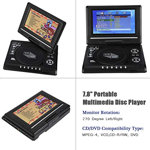 Hakeeta 7.8-inch Portable DVD Player,Swivel Screen Rechargeable TV Car Charger Gamepad,Fully Compatible & high-Definition LCD Display & Built-in Large Capacity Battery(US)