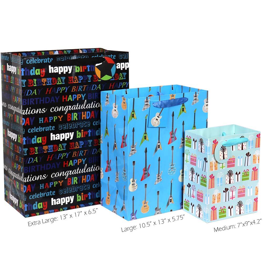 Fzopo Birthday Gift Bag Assortment with Ribbon Handle, 12 Pcs Premium Quality Assorted Sizes Paper Bags Set, XL 13x17x6.5, Large 12x15x4.8, Medium 7x9x4.2 inches, 6 Designs