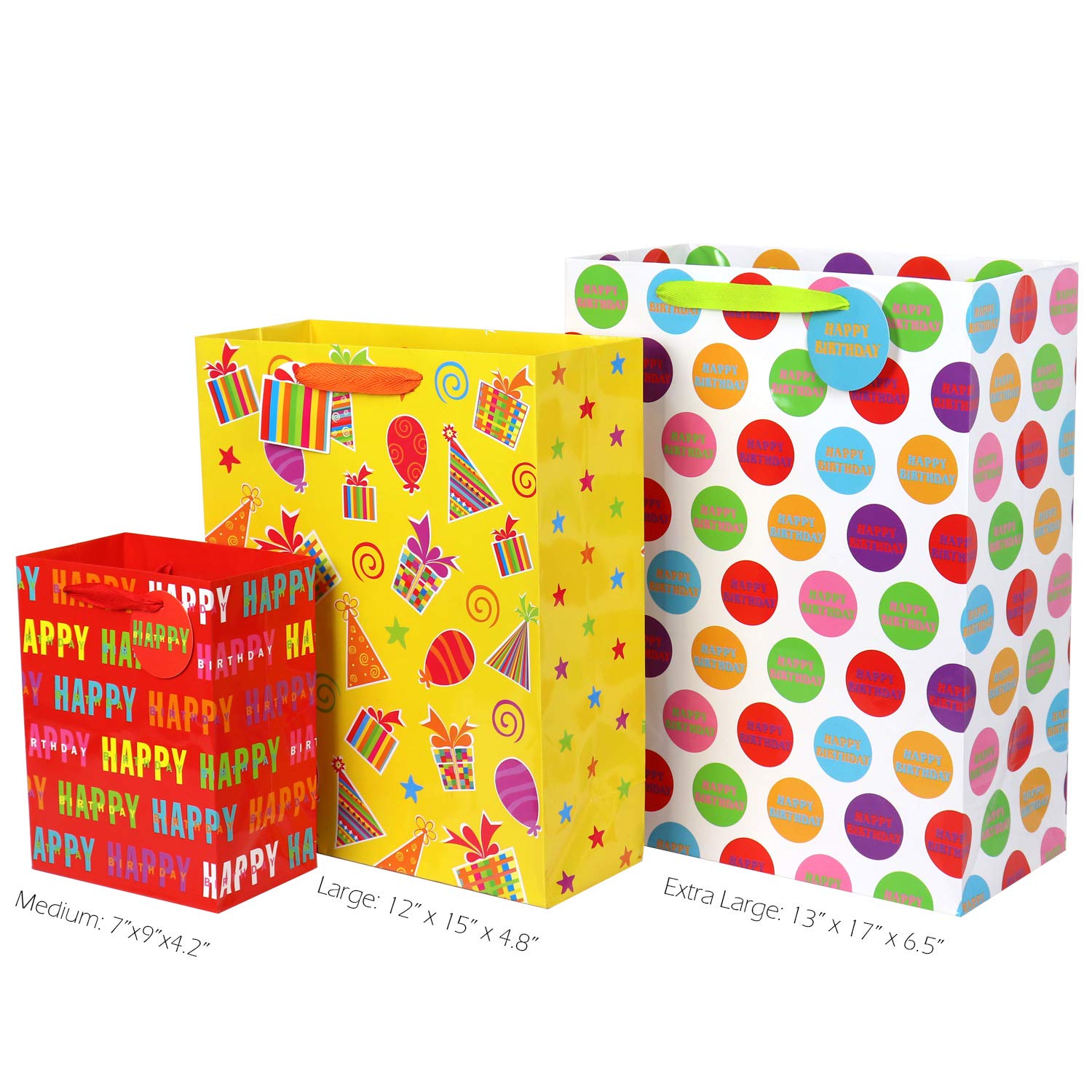 Fzopo Birthday Gift Bag Assortment with Ribbon Handle, 12 Pcs Premium Quality Assorted Sizes Paper Bags Set, XL 13x17x6.5, Large 12x15x4.8, Medium 7x9x4.2 inches, 6 Designs