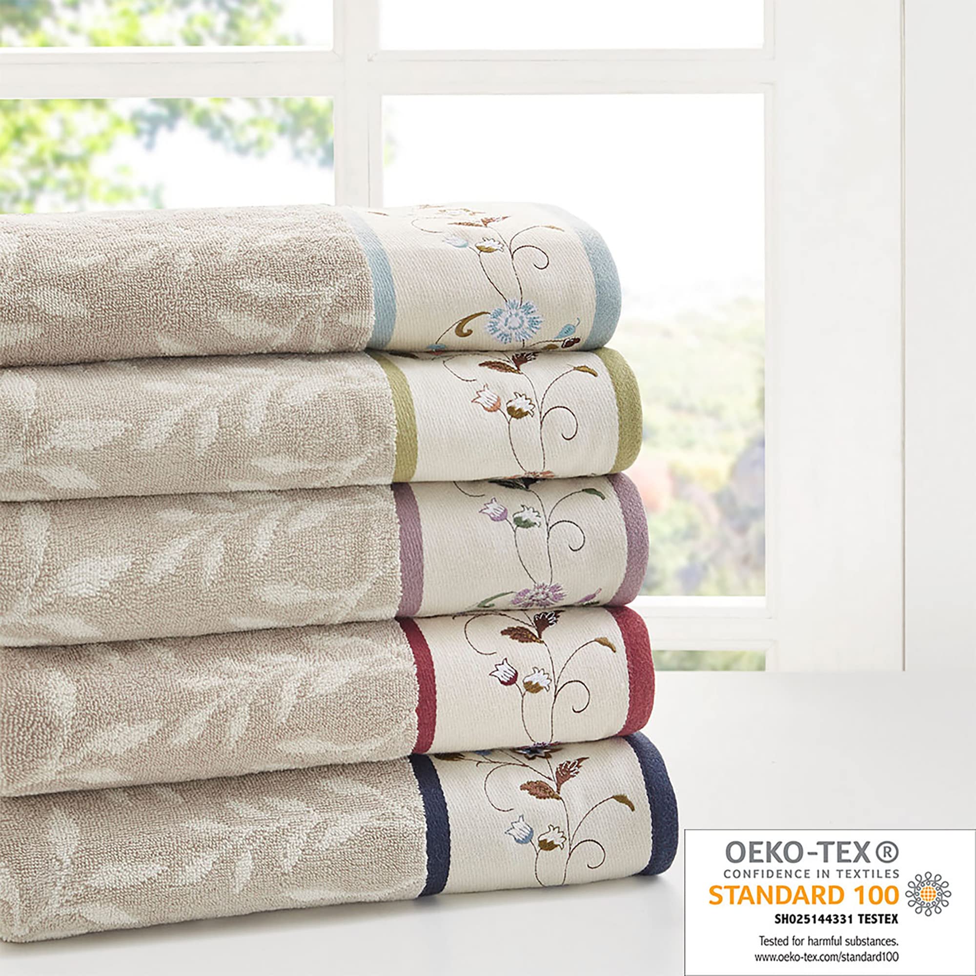 Madison Park Serene 100% Cotton Bath Towel Set Luxurious Floral Embroidered Cotton Jacquard Design, Soft and Highly Absorbent for Shower, Multi-Sizes, Blue