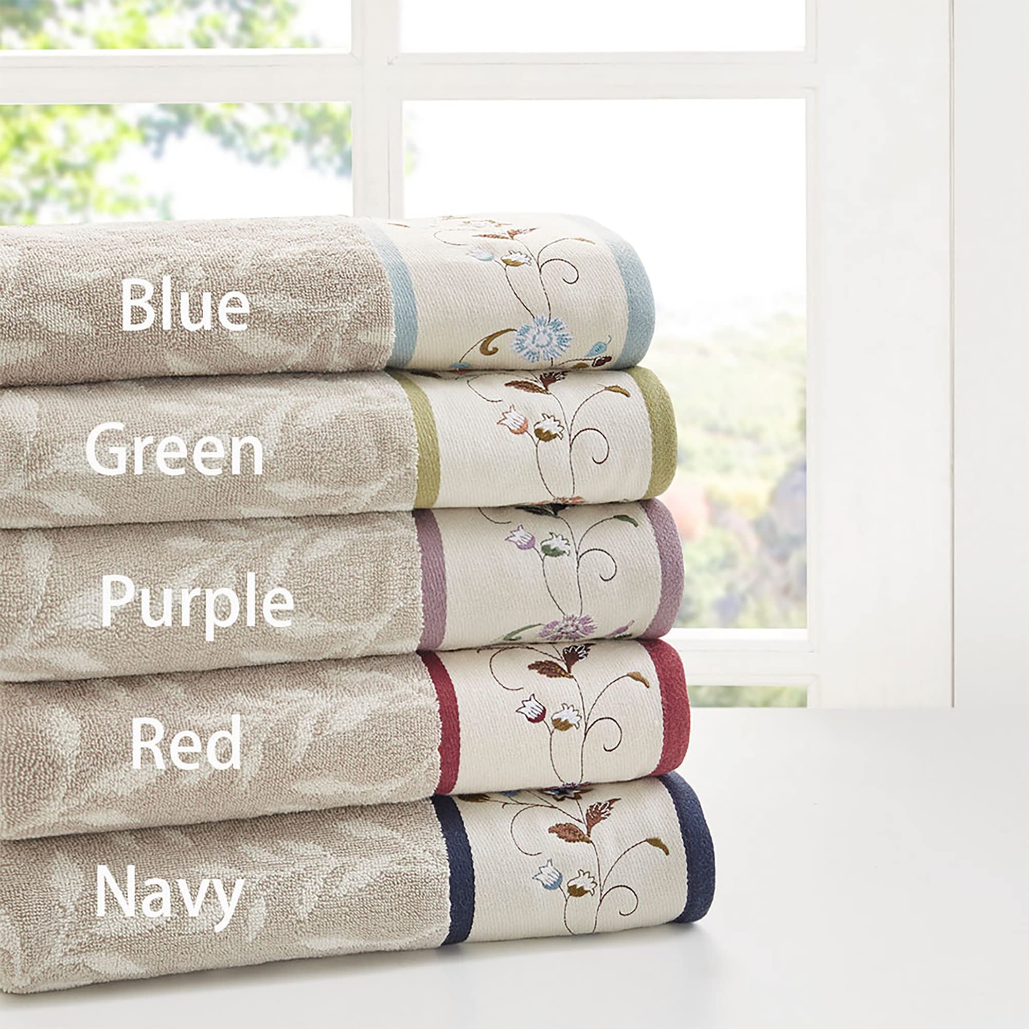 Madison Park Serene 100% Cotton Bath Towel Set Luxurious Floral Embroidered Cotton Jacquard Design, Soft and Highly Absorbent for Shower, Multi-Sizes, Blue