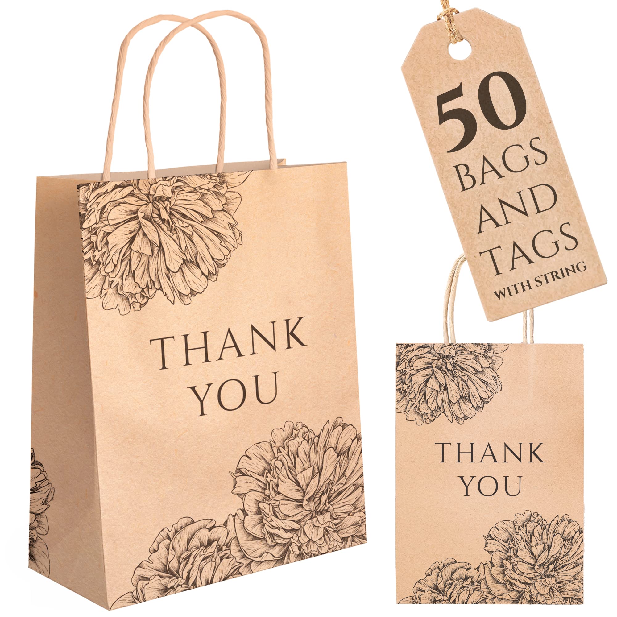 DBETTERWORLD 50 Thank You Bags w/Gift Tags, Thank You Bags for Business Small, Small Bags for Business, Small Thank you Gift Bags, Small shopping bags, Small Thank You bags, Thank you Gift bags