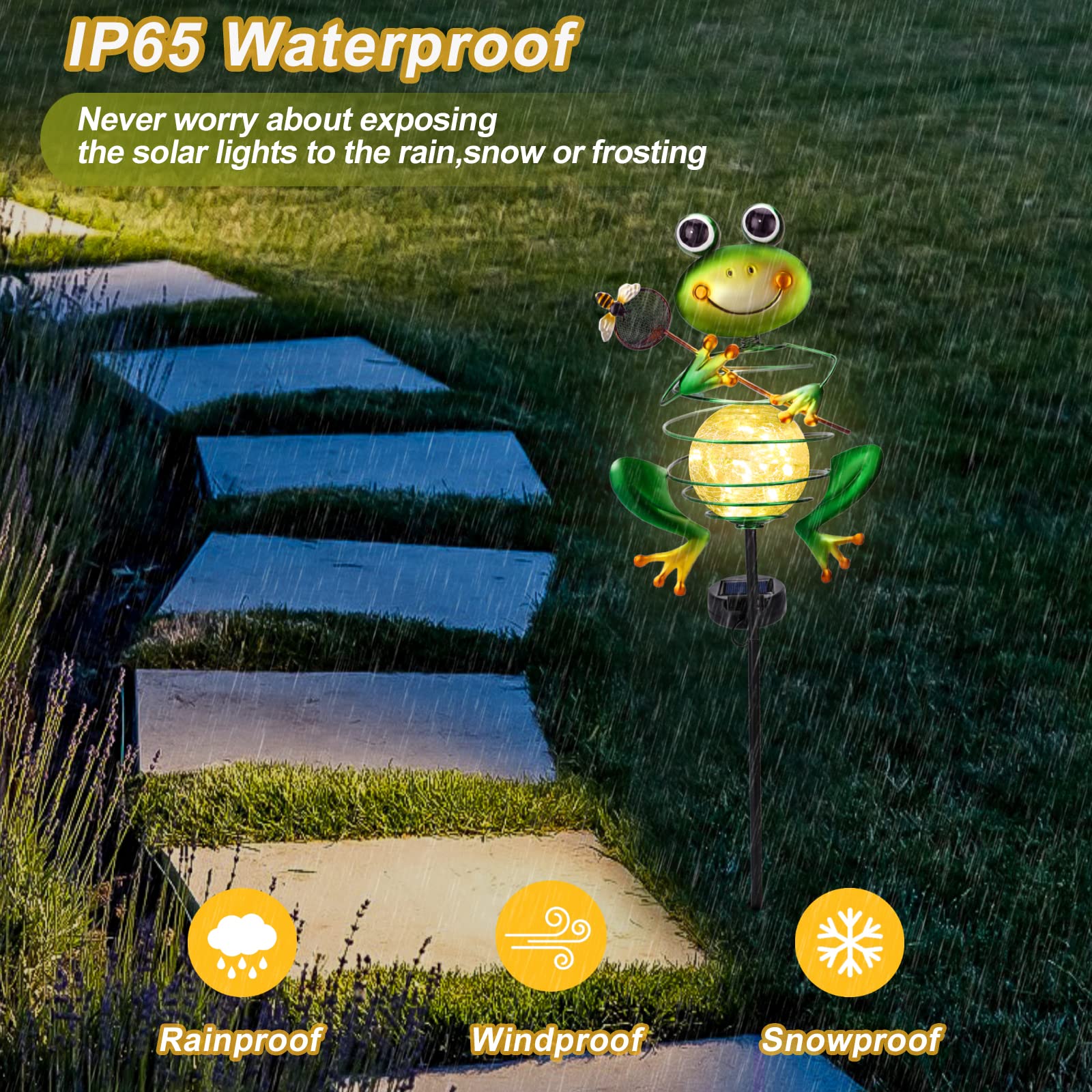 HEDAQI Frog Solar Garden Light, Metal Stake Light Crackle Glass Waterproof Globe Outdoor Decoration, Solar Power LED Light for Garden, Lawn, Patio, Pathway Decor