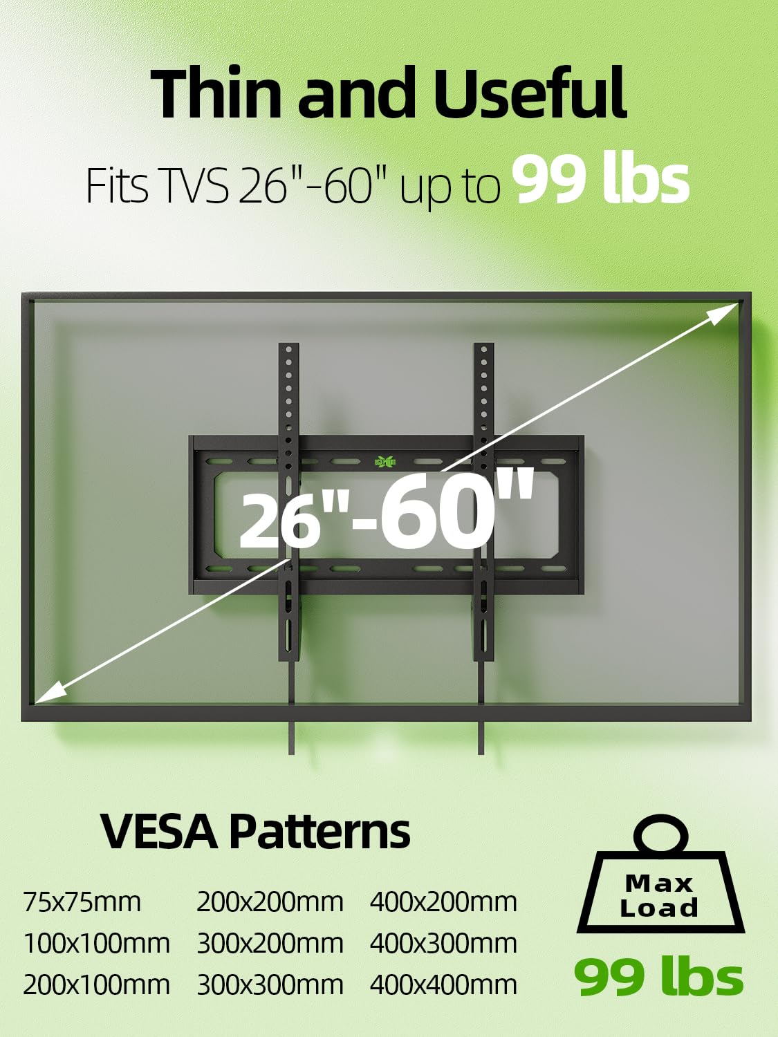 Tilting TV Wall Mount Low Profile for Most 26-55" Flat Screen LED, LCD, Curved TVs, Tilt TV Mount Bracket VESA 400x400mm- Holds Up to 99lbs, Easily Lock and Release to Mount on 12" or 16" Stud