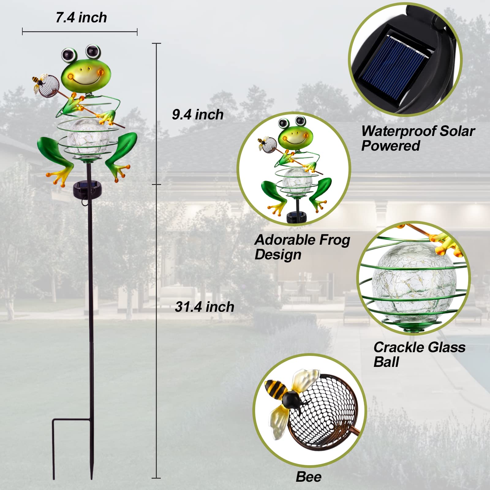 HEDAQI Frog Solar Garden Light, Metal Stake Light Crackle Glass Waterproof Globe Outdoor Decoration, Solar Power LED Light for Garden, Lawn, Patio, Pathway Decor