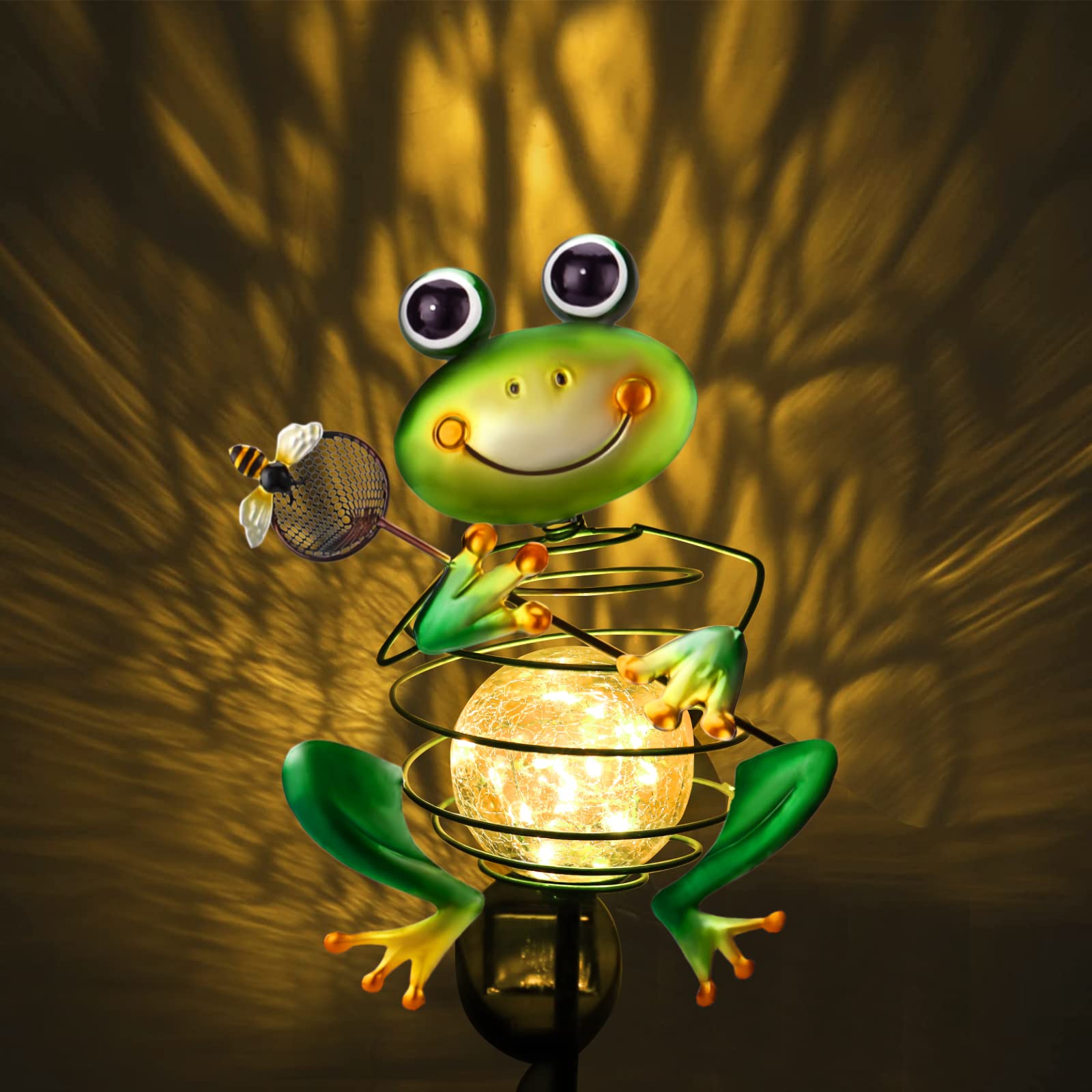HEDAQI Frog Solar Garden Light, Metal Stake Light Crackle Glass Waterproof Globe Outdoor Decoration, Solar Power LED Light for Garden, Lawn, Patio, Pathway Decor