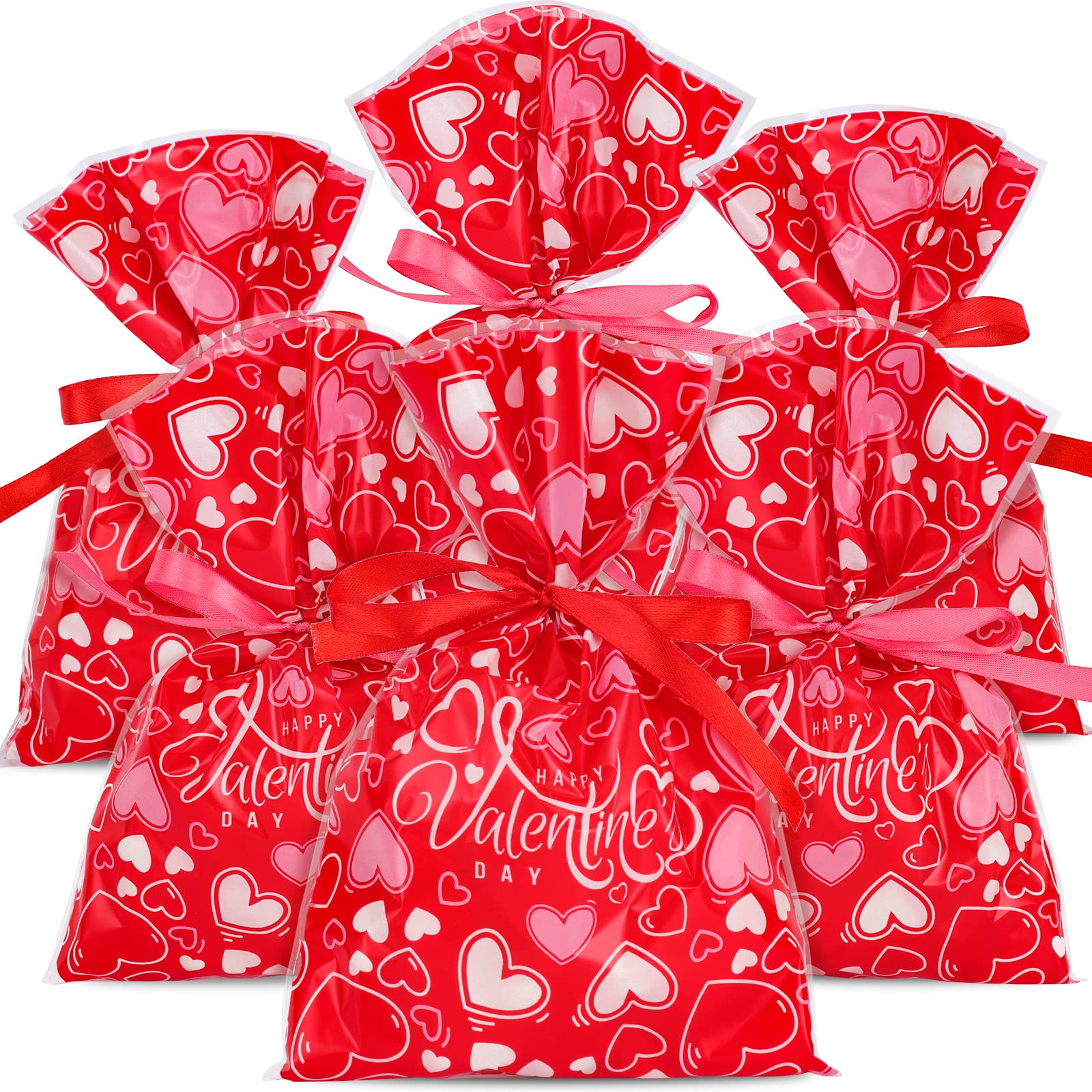 AnyDesign 100Pcs Valentine's Day Treat Bags Red Heart Candy Cellophane Bag 6 x 9 Inch Happy Valentine's Day Plastic Goody Bags with Red and Pink Ribbon for Valentine Party Favor Supplies Gift