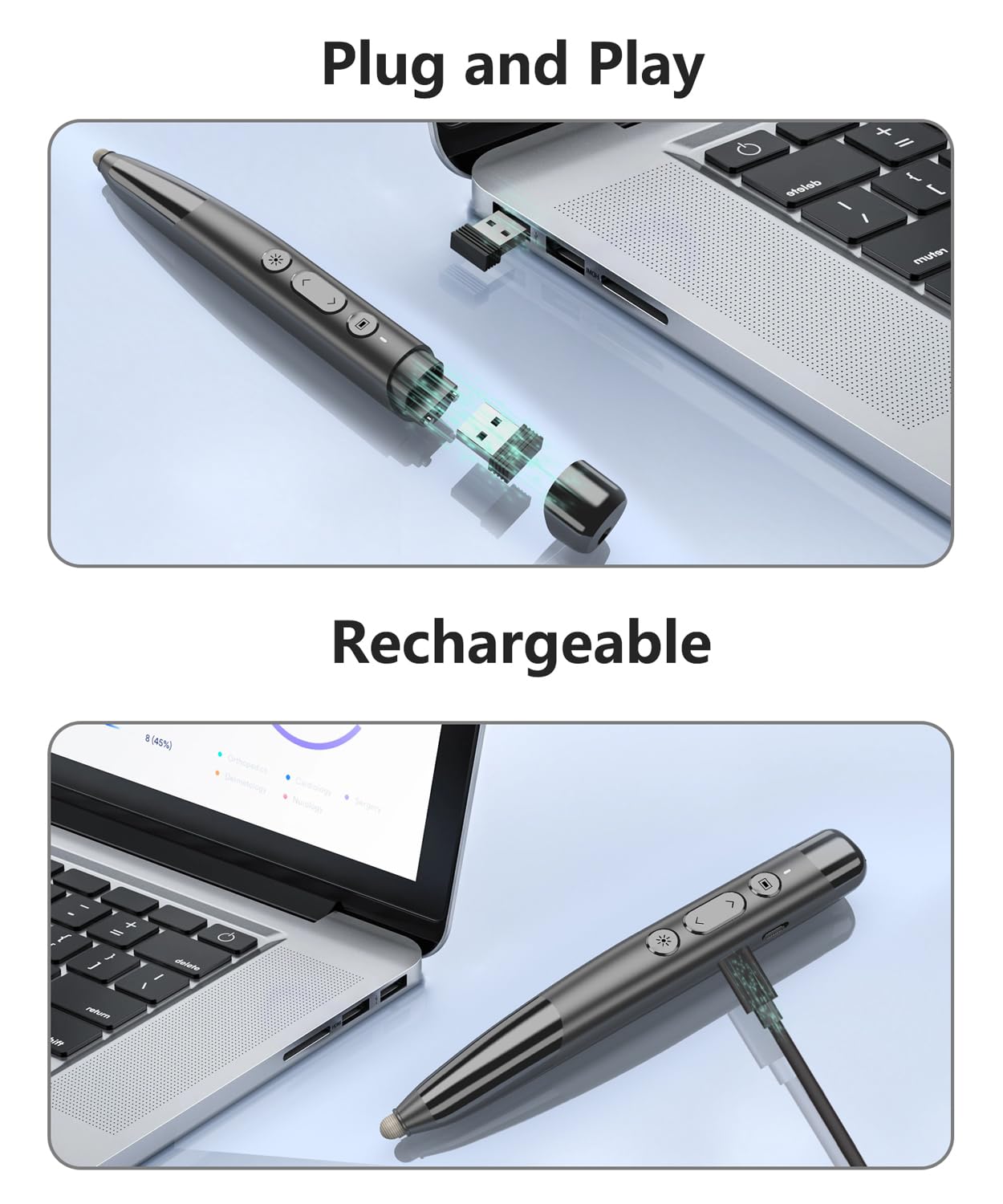 Miritz 4-in-1 Wireless Presenter Clicker with Telescopic Pointer, Presentation Clicker, Stylus Pen - USB Dongle Plug and Play, Rechargeable - Compatible with Smart Board, PC, Laptop, Mac